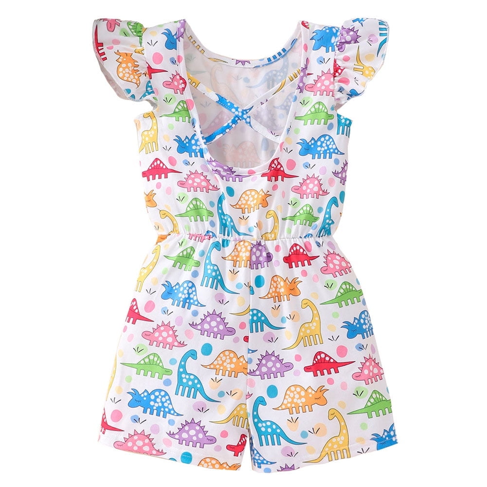 WIBACKER Summer Girls' Jumpsuit Kids Cartoon Dinosaur Crew Neck Romper ...