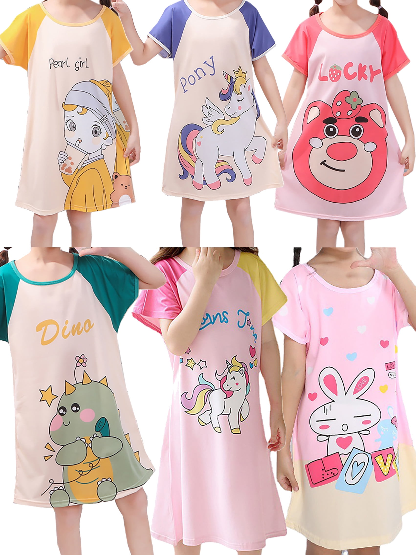 WIBACKER Toddler Girls Nightgowns 3-12 Years Milk Silk Short Sleeves ...