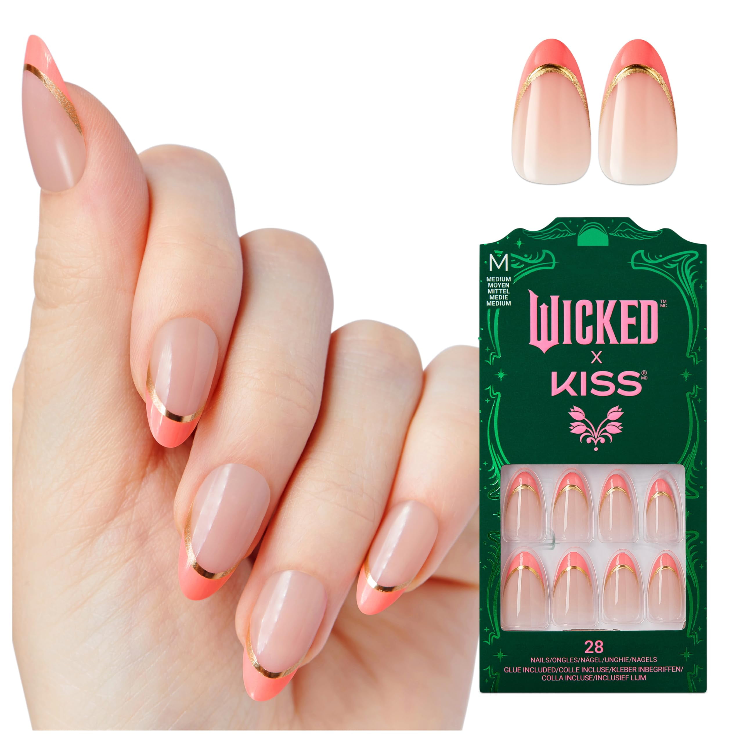 WICKED X KISS Press On Nails, ‘Glamorous Gal’, Pink, Medium Almond ...