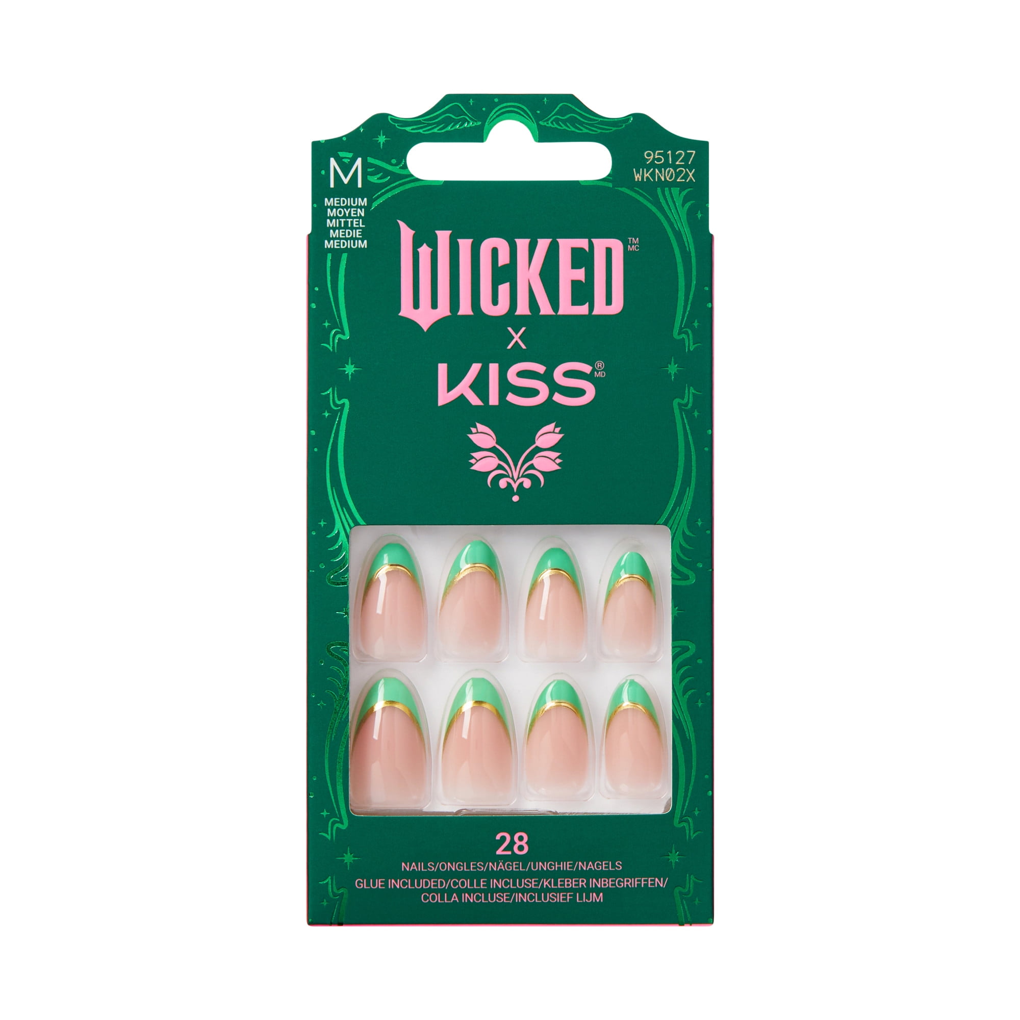 WICKED x KISS Press on Nails, Thrillifying!, Green, Medium Almond, 28 Count - Walmart.com