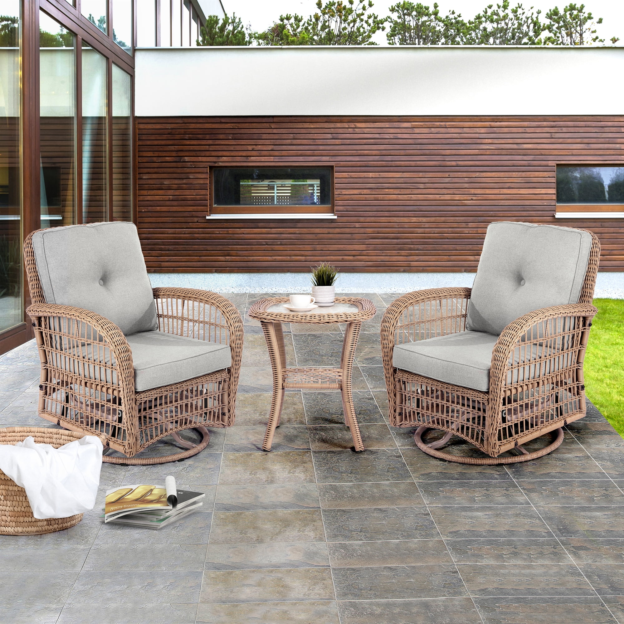 3-Piece Patio Swivel Rocking Conversation Set with Cushion, 2 Chairs ...