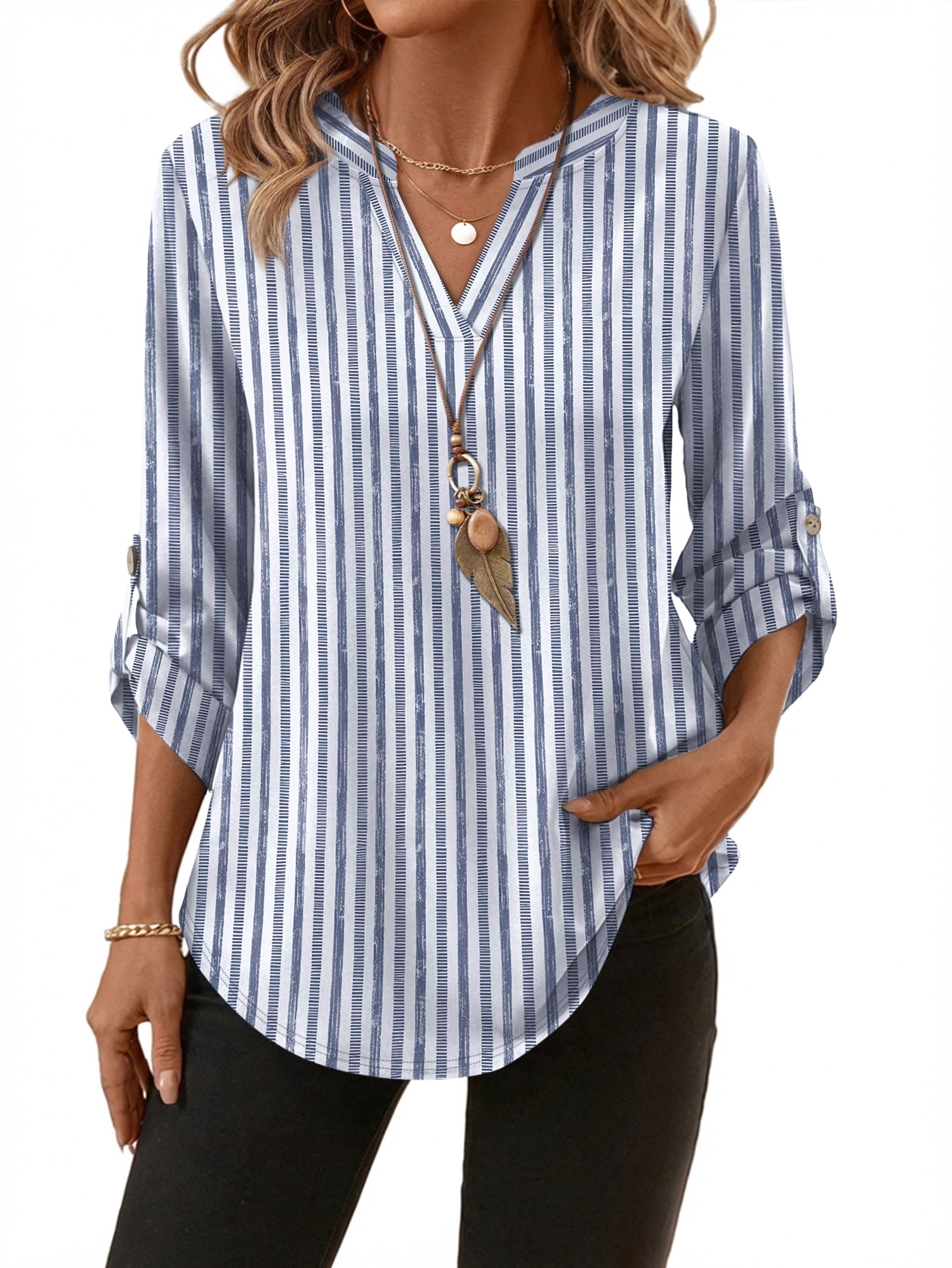 WIHOLL Women Blouses V Neck T Shirts 3/4 Length Sleeve Cuff Tab Buttons ...