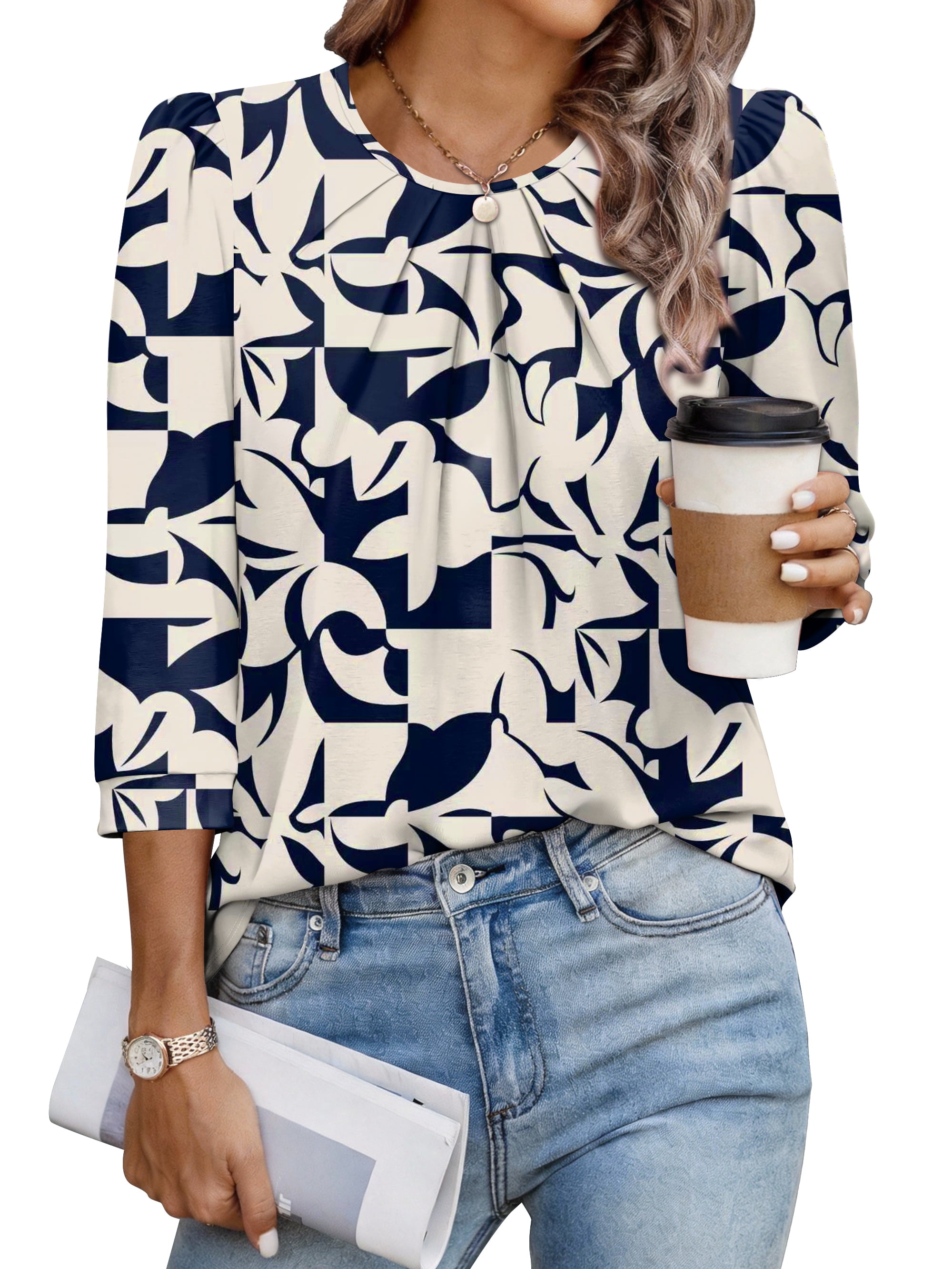 WIHOLL Women's 3/4 Sleeve Tops Dressy Casual Pleated Business Work ...