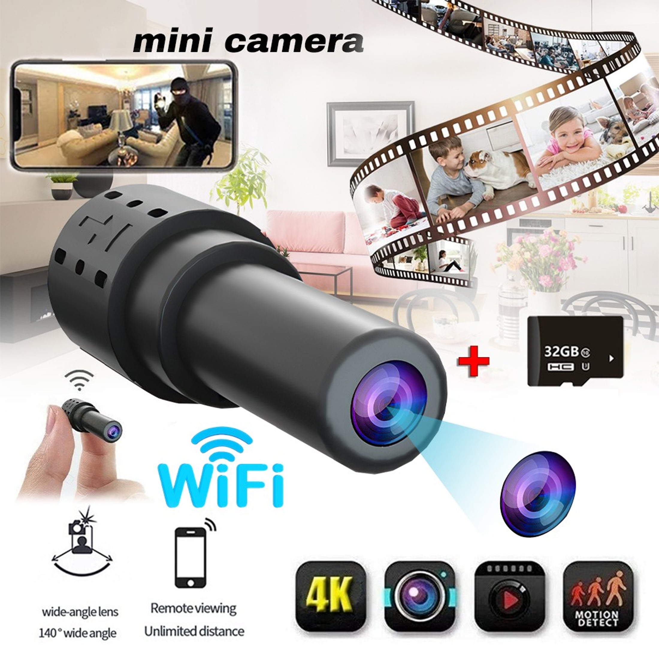 WIKCOVER 1080P HD Mini Camera with 32GB SD Card Motion Detection Night ...