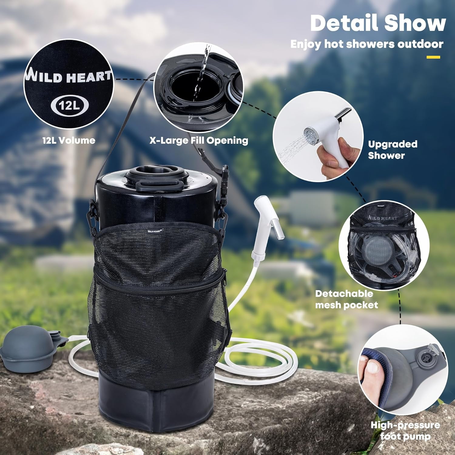 WILD HEART Camping Shower 22L/ 12L Portable Shower for Camping with ...