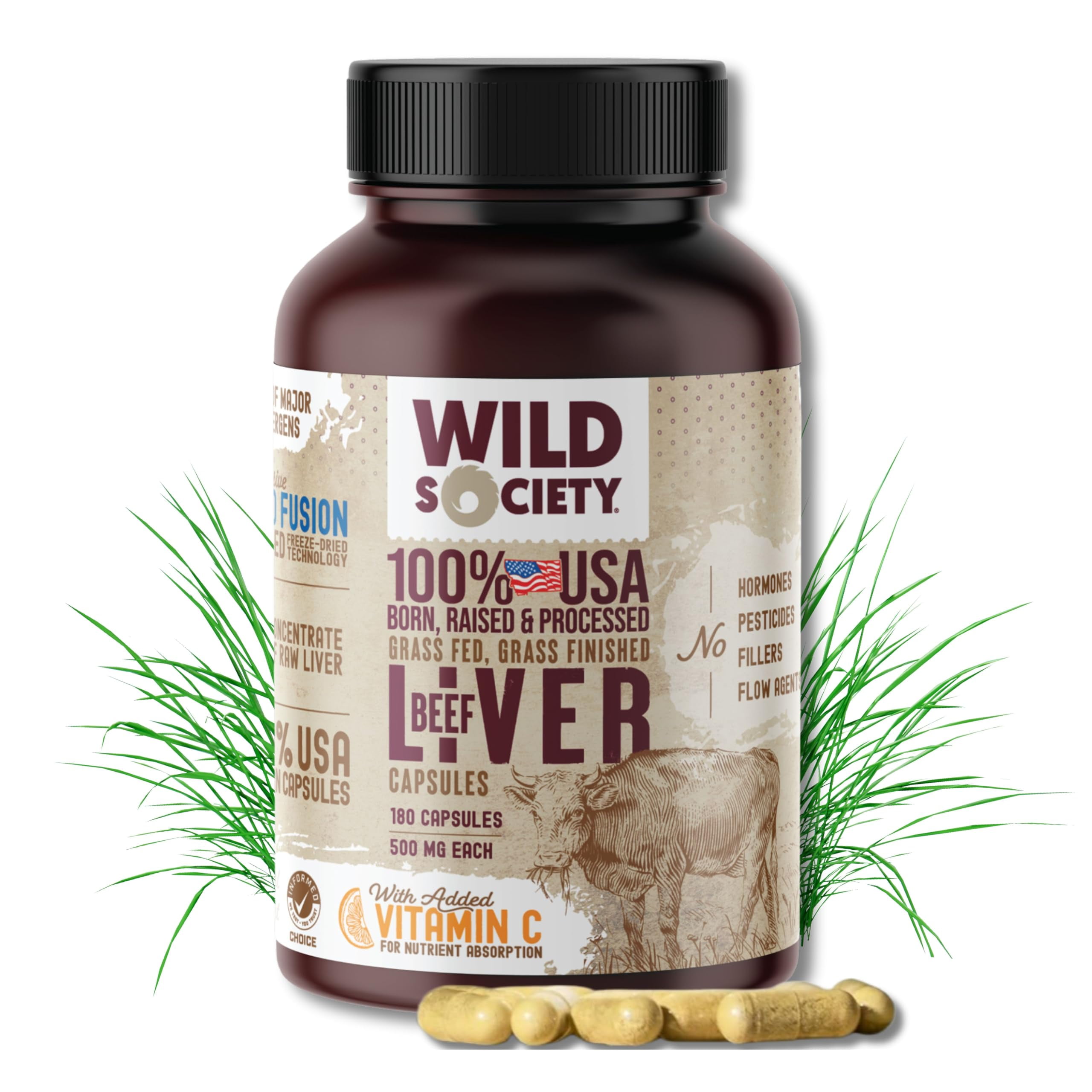 WILD SOCIETY - USA Grass Fed Beef KMC2Liver Capsules - Max Strength for ...