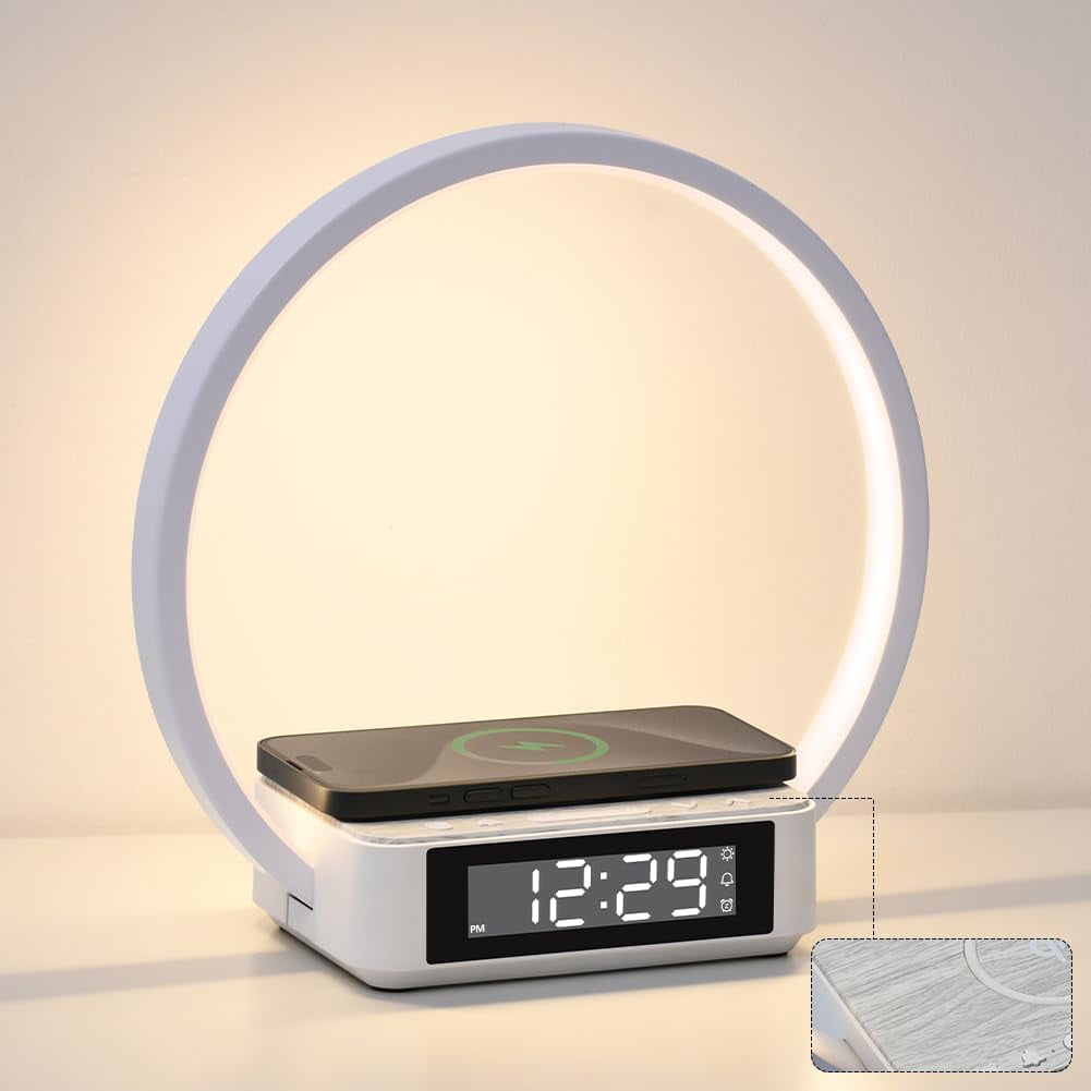 WILIT Bedside Lamp with Alarm Clock,Gray Wood Grain Touch Lamp with ...