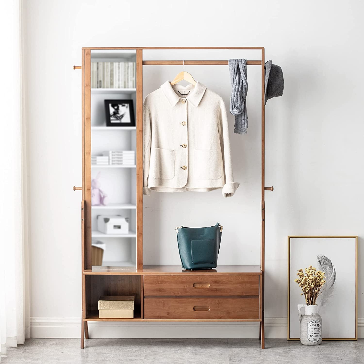 WILK Bamboo Entryway Bench Coat Rack with Full Mirror, Seat, Drawers ...