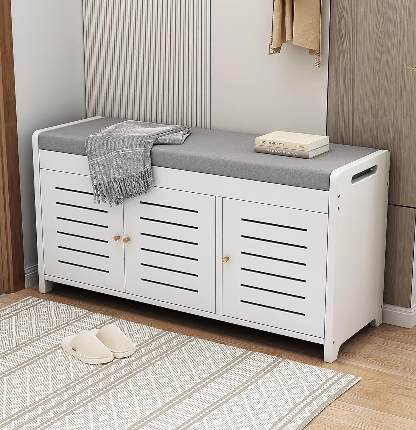 WILK Shoe Storage Bench with 3 Door Cabinet, Entryway Bench with Shoe ...
