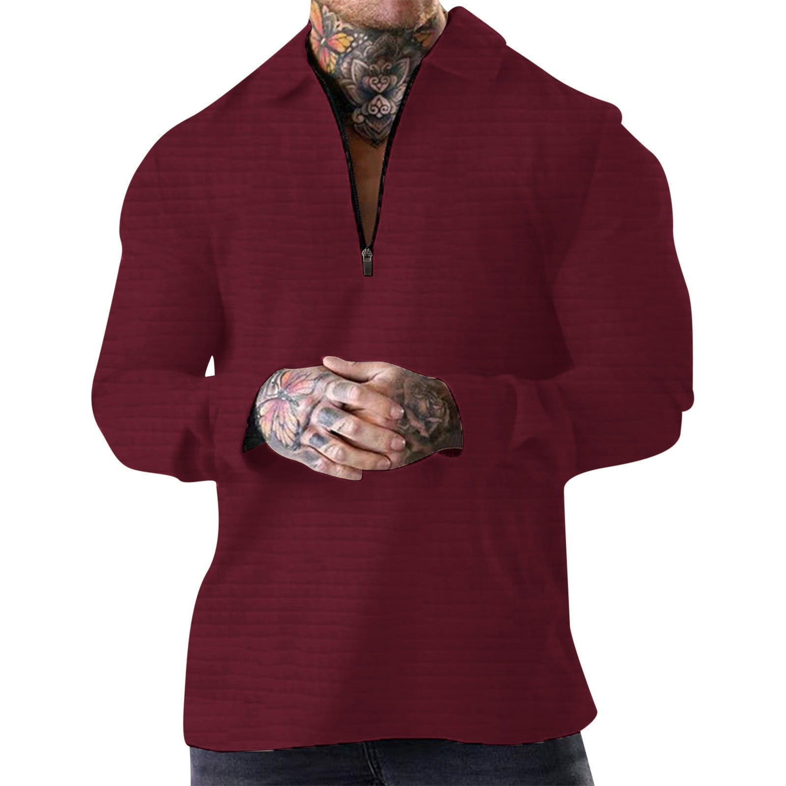 WILLBEST Mens Casual Solid Color Zipper Lapel Long Sleeved Shirt Top ...