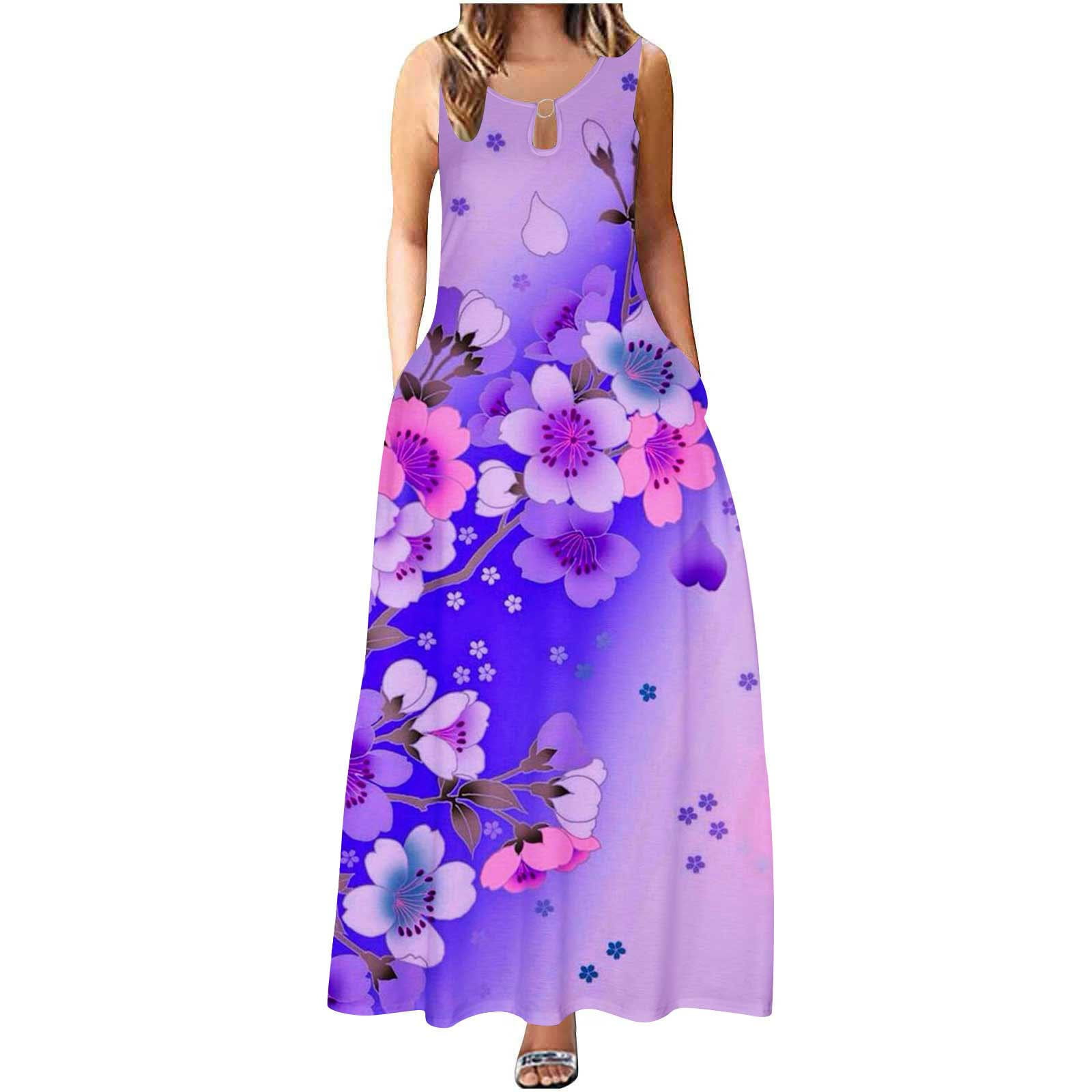 Willbest Midi Dresses Women Summer Sleeveless Floral Print Crew Neck