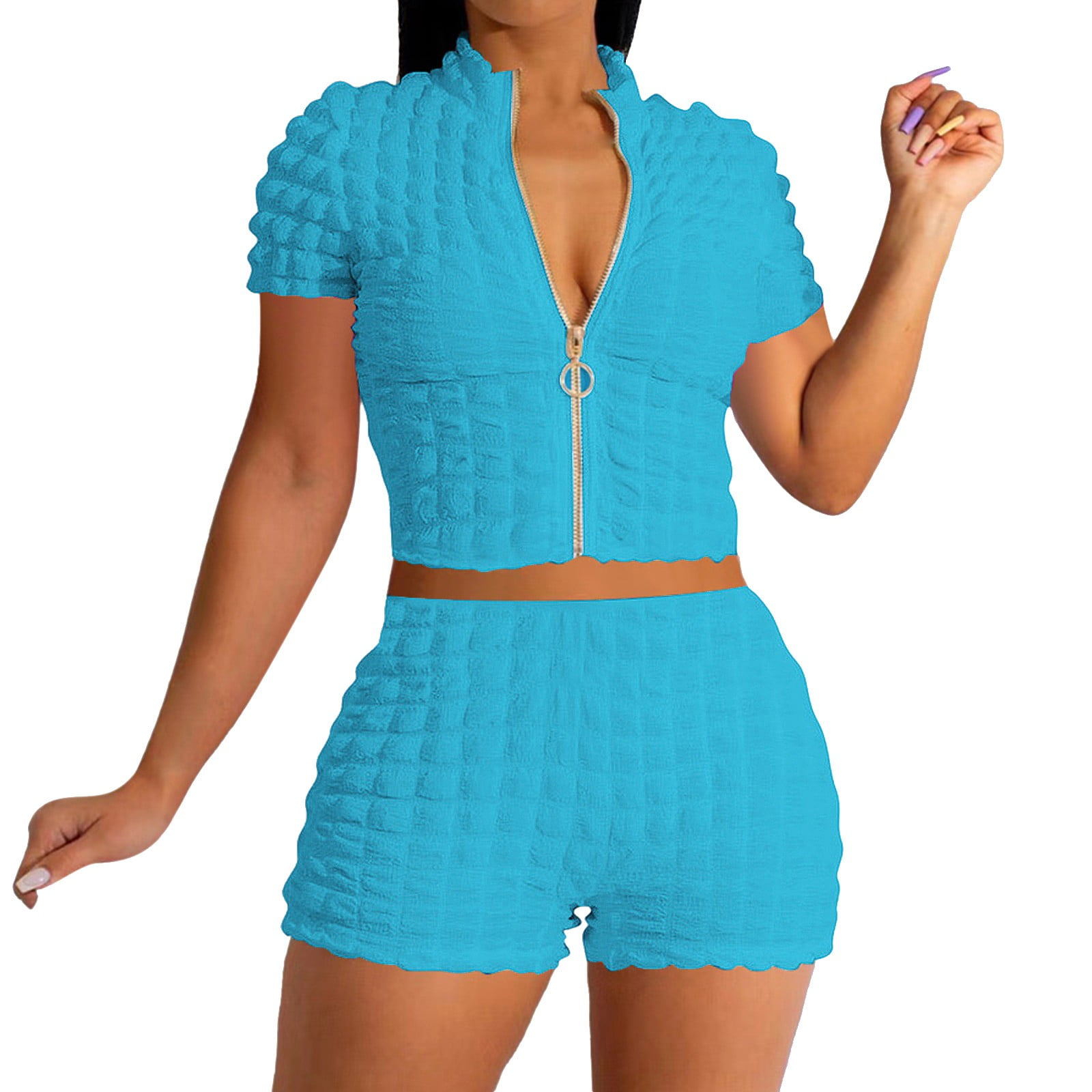 Willbest Outfits For Women Casual Fashion Set Womens Shorts Set Stand Neck Zippered Cardigan