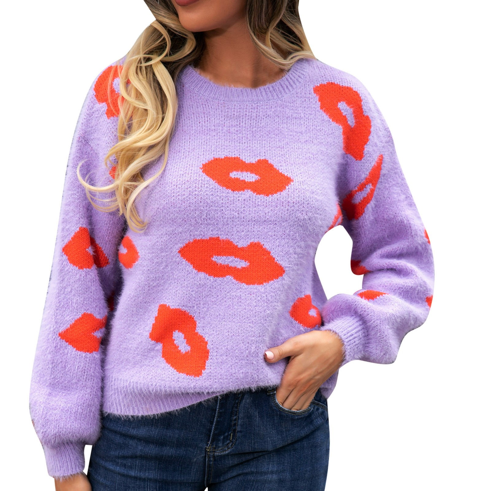 WILLBEST Sweaters for Women Women Autumn and Winter Lip Print Valentine ...