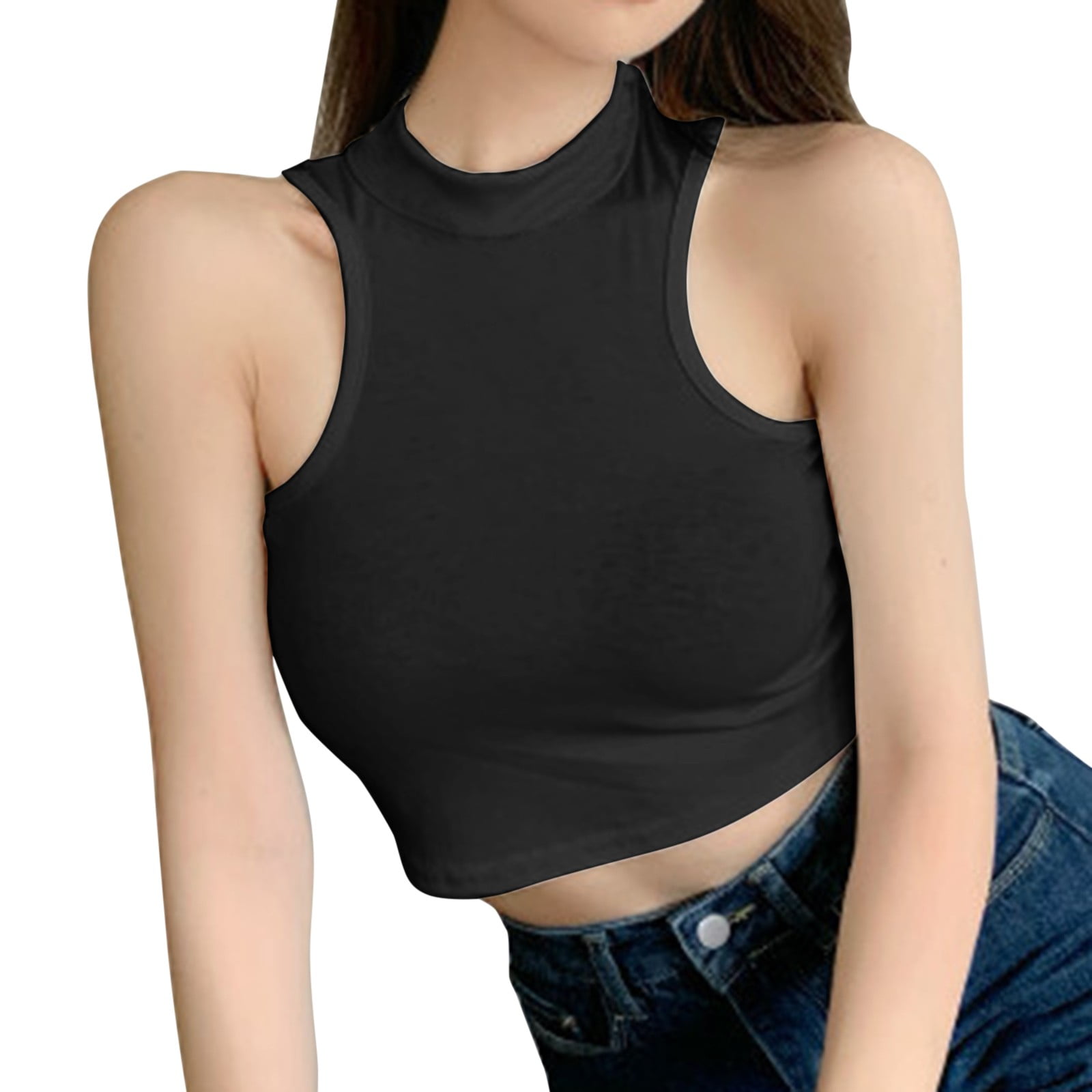 Willbest White Tank Top Woman With Built In Bra Fitted I Back Half High Neck Hanging Neck Black