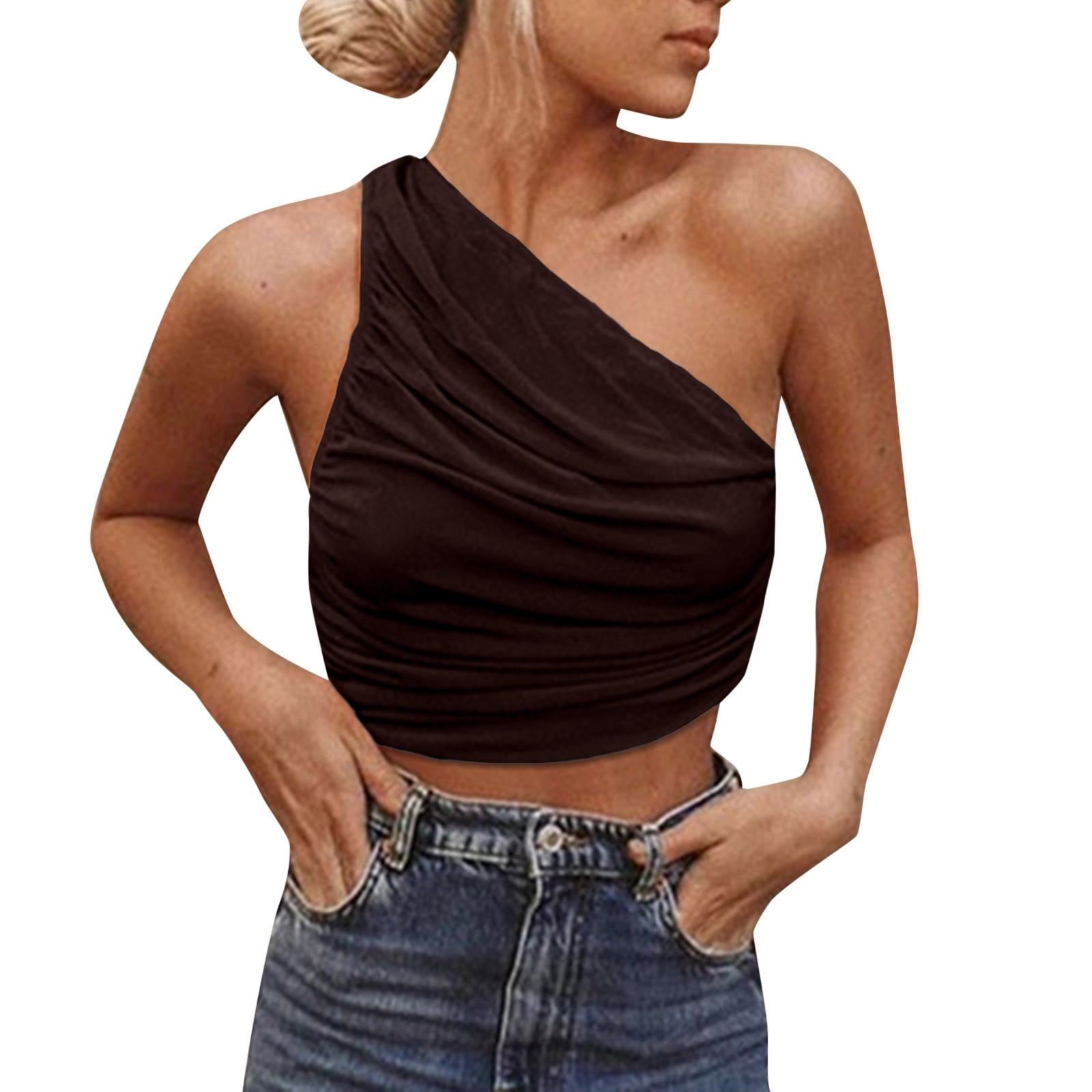 Willbest White Tank Top Woman Dressy Sexy One Shoulder Solid Color Slim