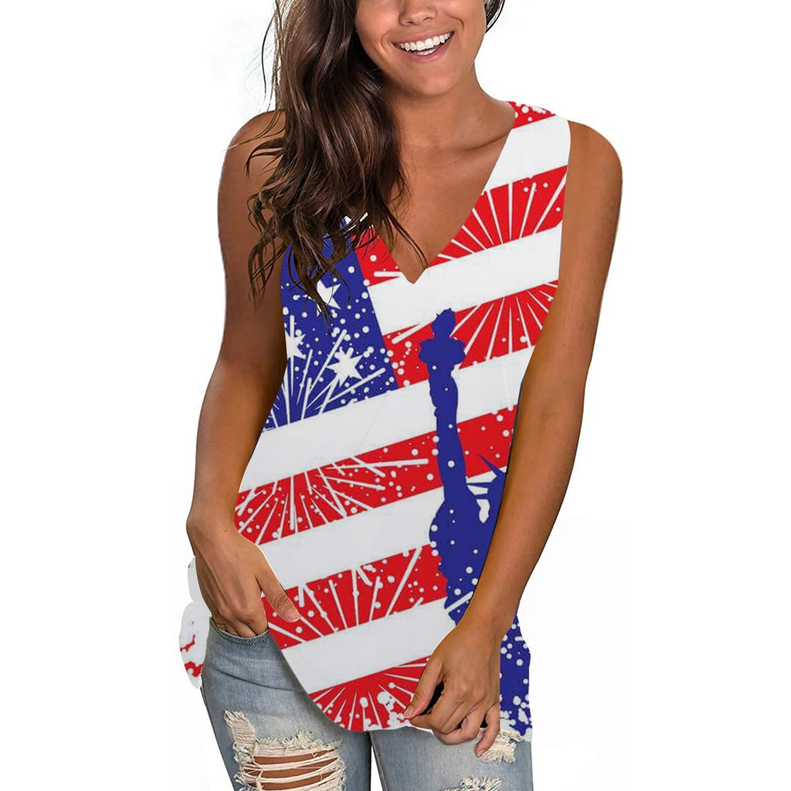 Willbest White Tank Top Woman With Built In Bra Crop Womens Independence Day Print Casual V Neck