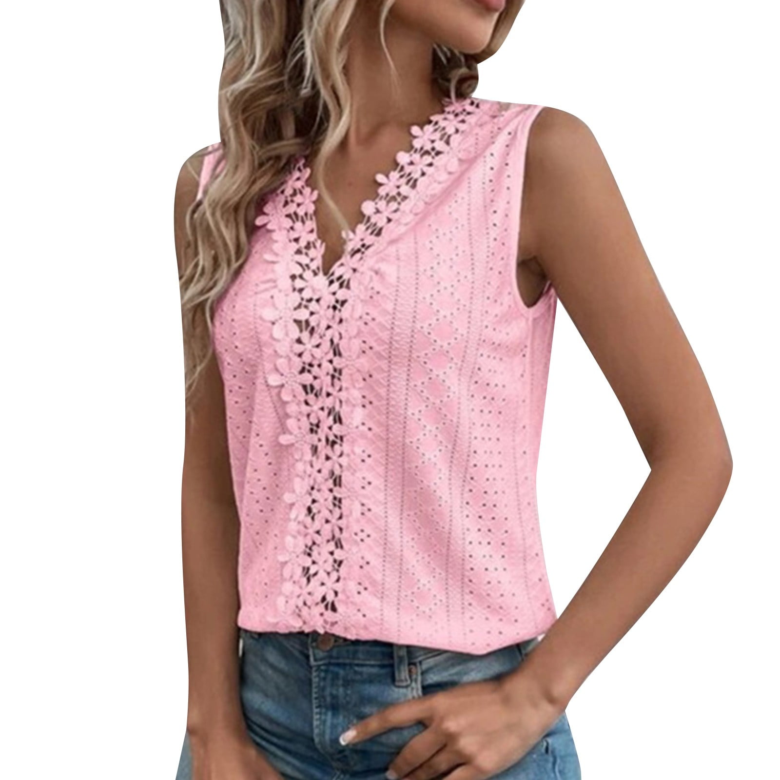 Willbest White Tank Top Woman With Built In Bra Padded Womens Solid Color Hollow Lace V Neck