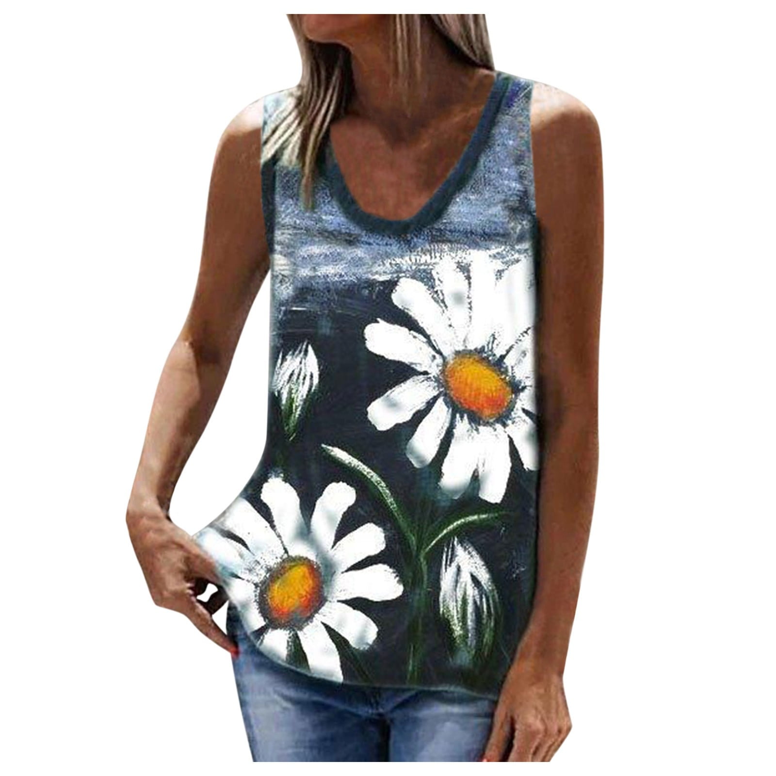 Willbest White Tank Top Woman With Built In Bra Women Positioning Sleeveless Flower Print Round
