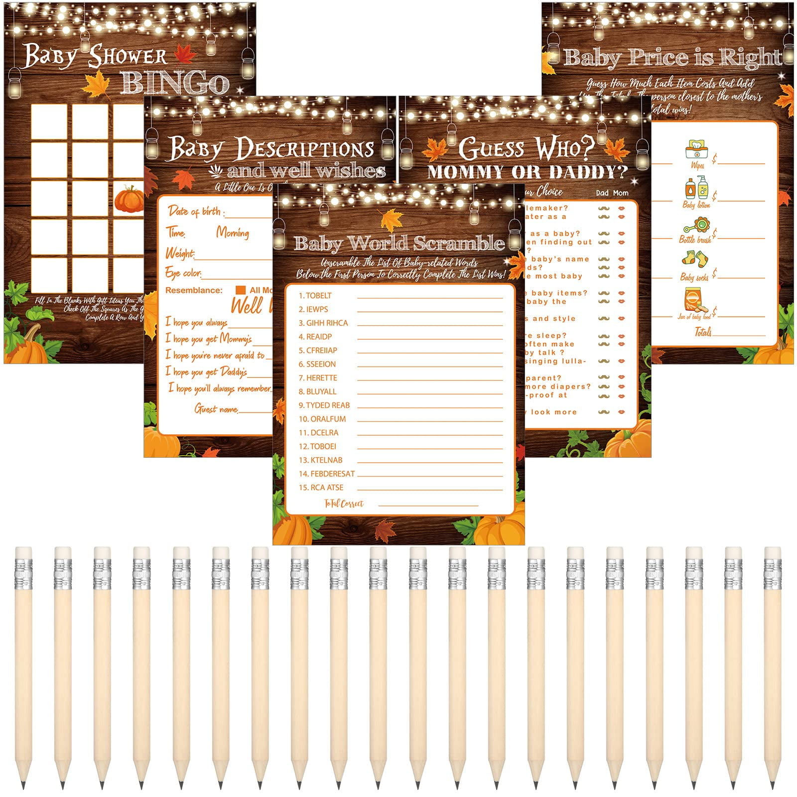 WILLBOND Fall Baby CORNET Shower Game Set with 20 Pencils Rustic Wood ...