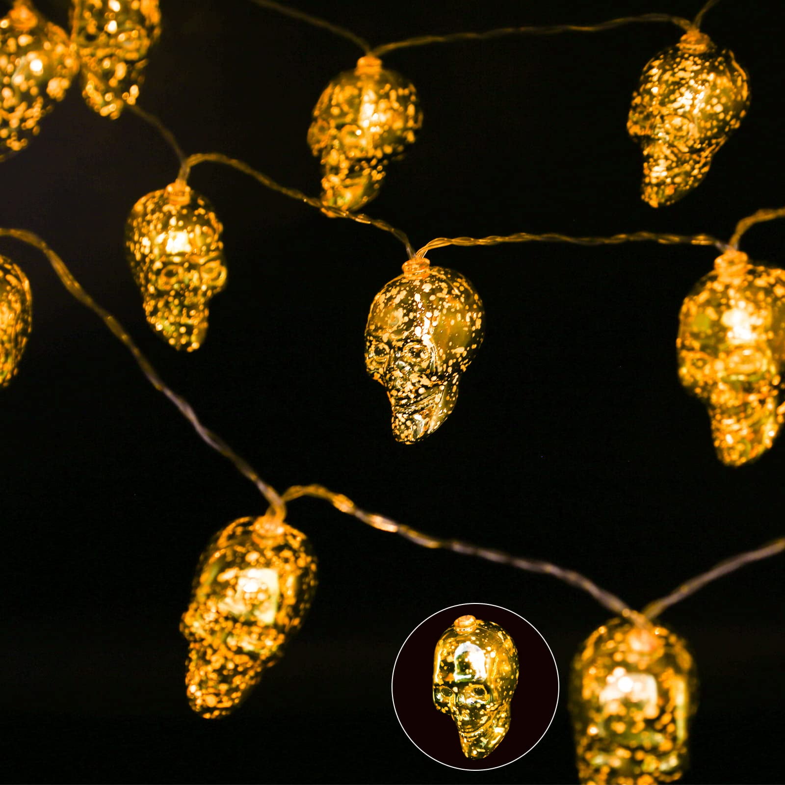 WILLED 10.8Ft 20 Bulbs Skull Halloween String Light, Battery-Powered 3D ...