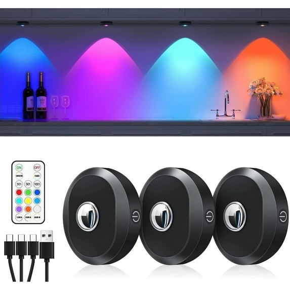 WILLED 3 Pack RGB Rechargeable Puck Lights with Remote Control, Under ...