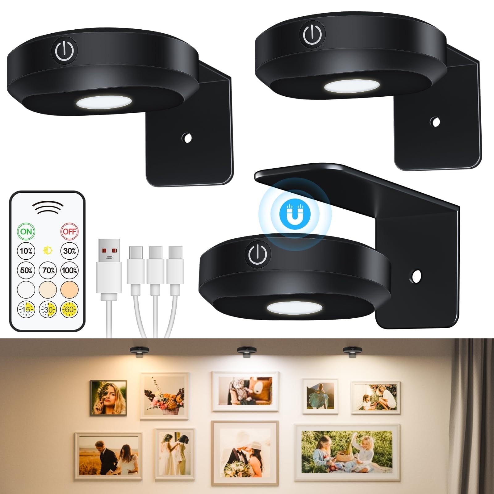 WILLED 3 Pack Rechargeable Picture Lights, Wireless Battery Operated ...