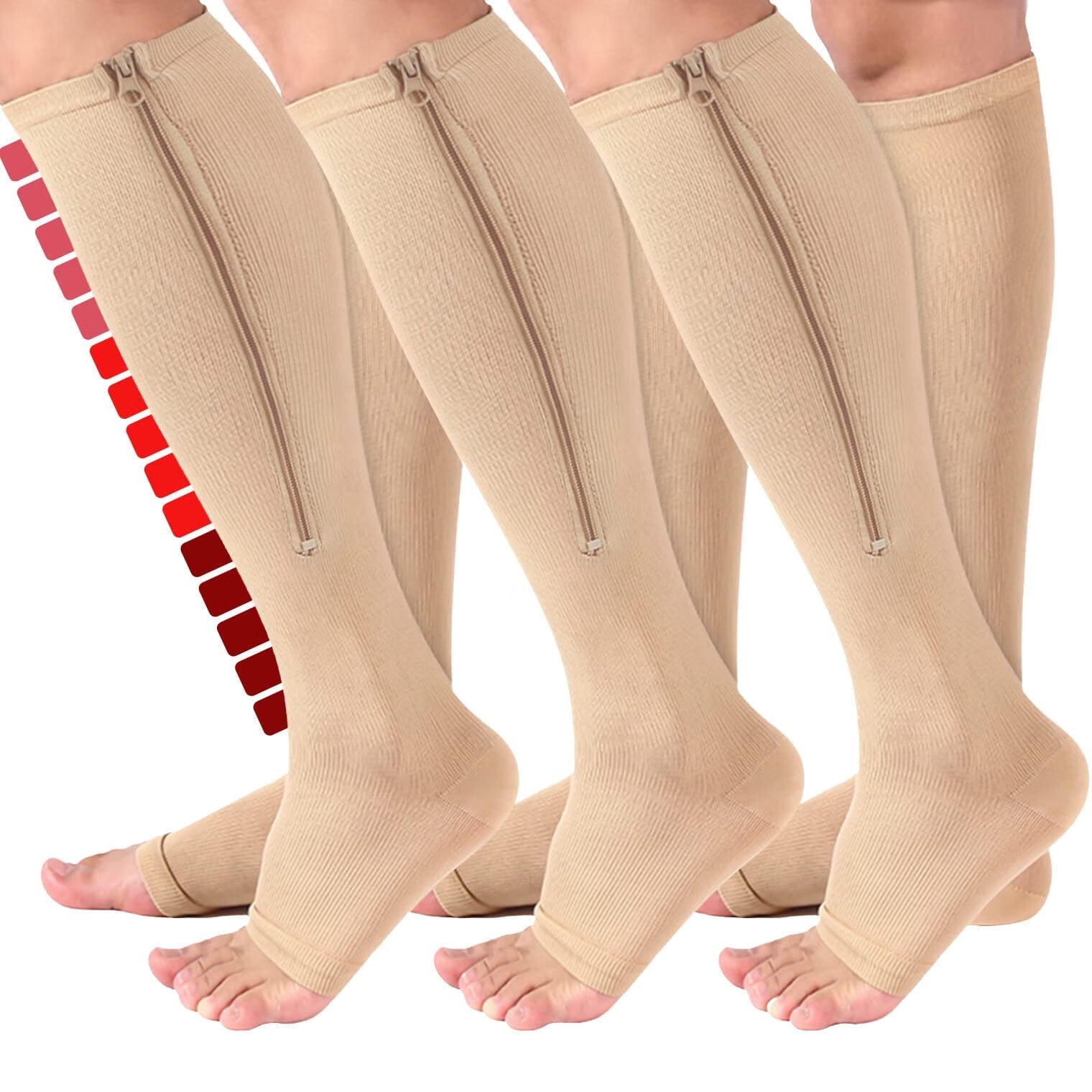 WILLED 3 Pairs Zipper Compression Socks - Calf Knee High Open Toe ...