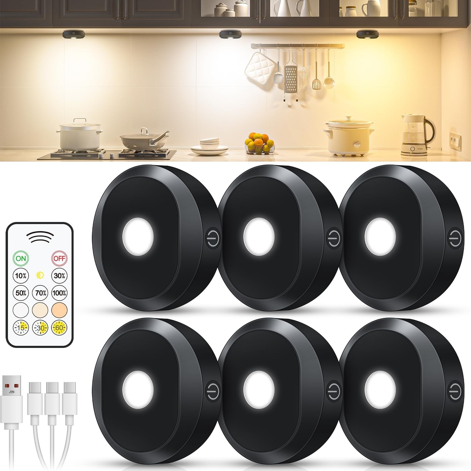 WILLED 6 Pack Wireless LED Puck Lights with Remote, Rechargeable ...