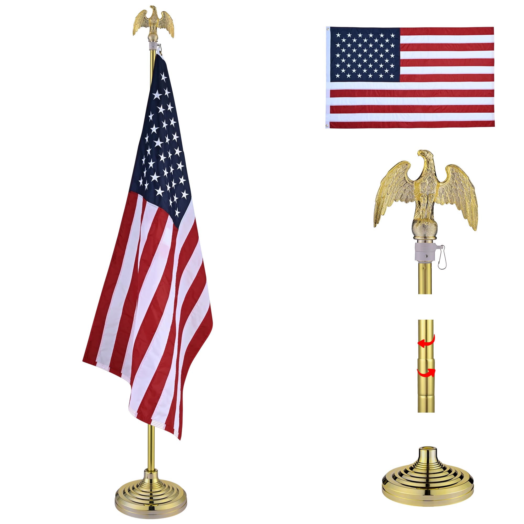 WILLED 6FT Gold Eagle Indoor American Flag Set, Compact Telescopic ...
