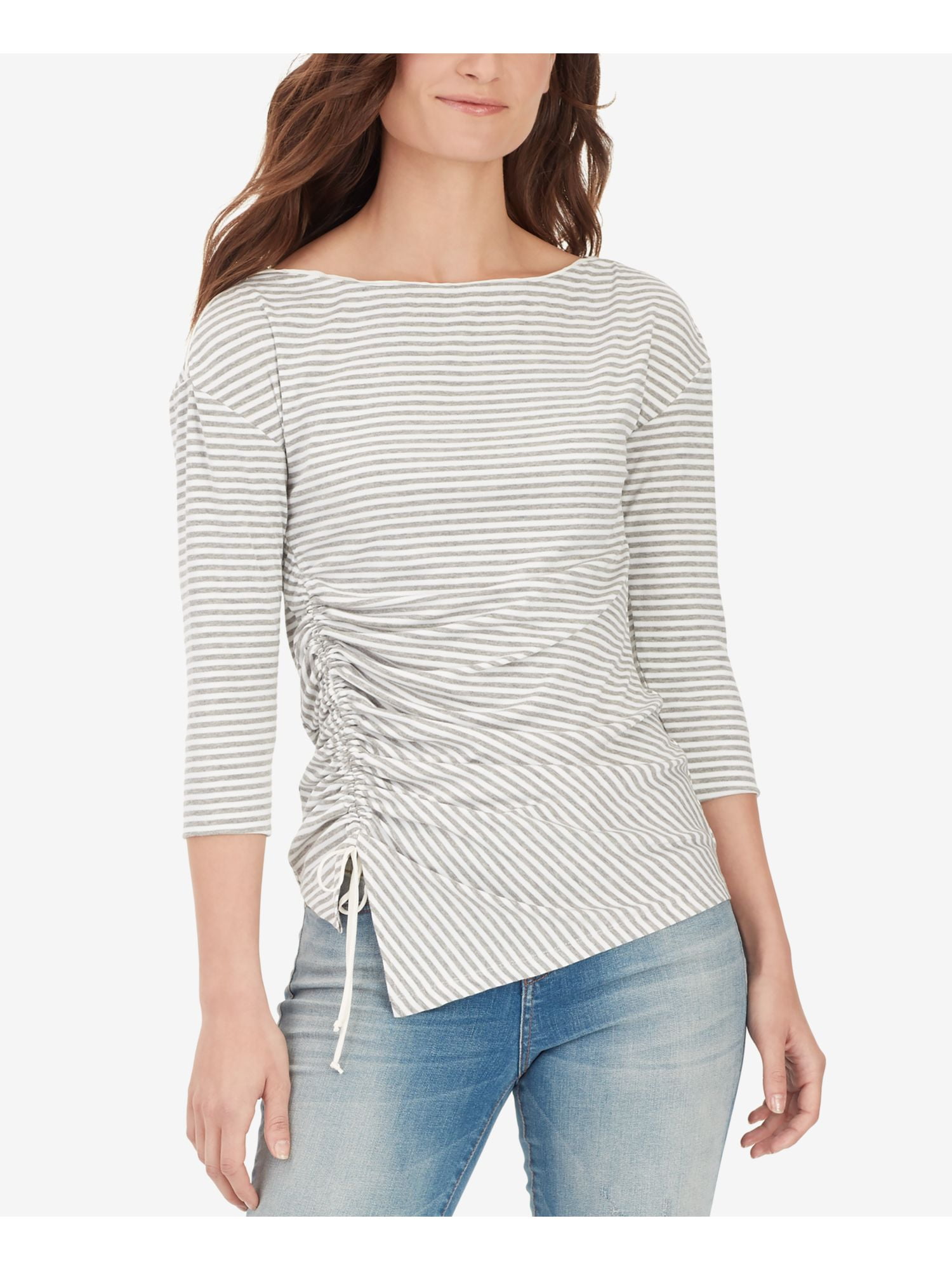 WILLIAM RAST Womens Gray Ruched Striped 3/4 Sleeve Boat Neck T-Shirt XS ...
