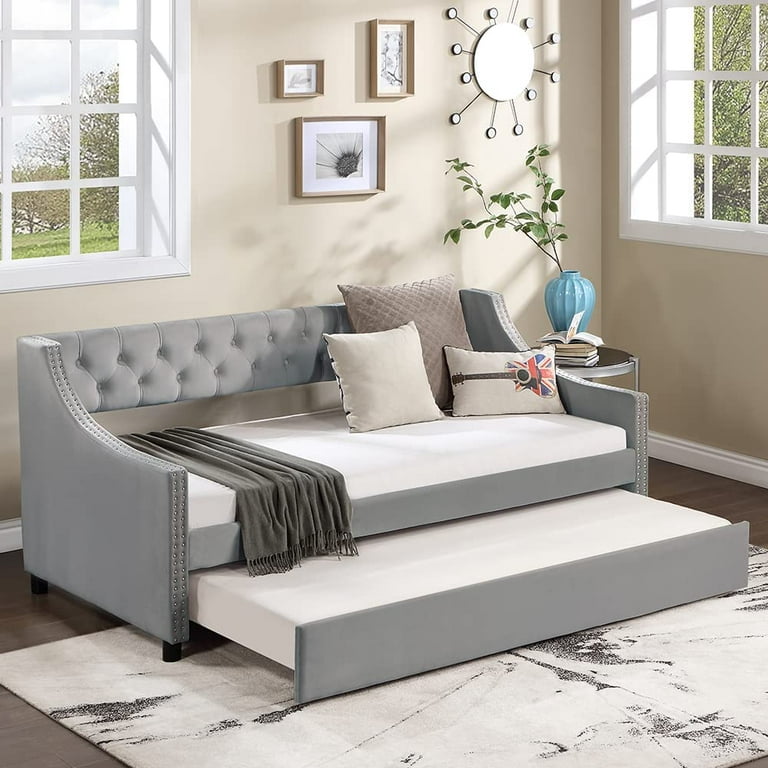 WILLIAMSPACE Velvet Upholstered Daybed Convertible Sofa Bed with Trundle No Box Spring Needed Walmart
