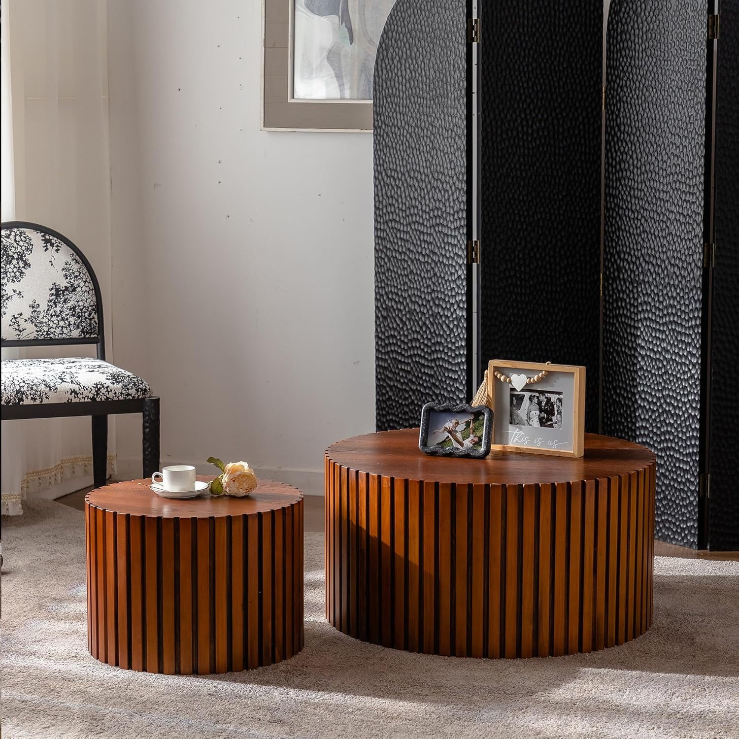 WILLIAMSPACE Walnut Round Nesting Coffee Table Set of 2 with Wave ...