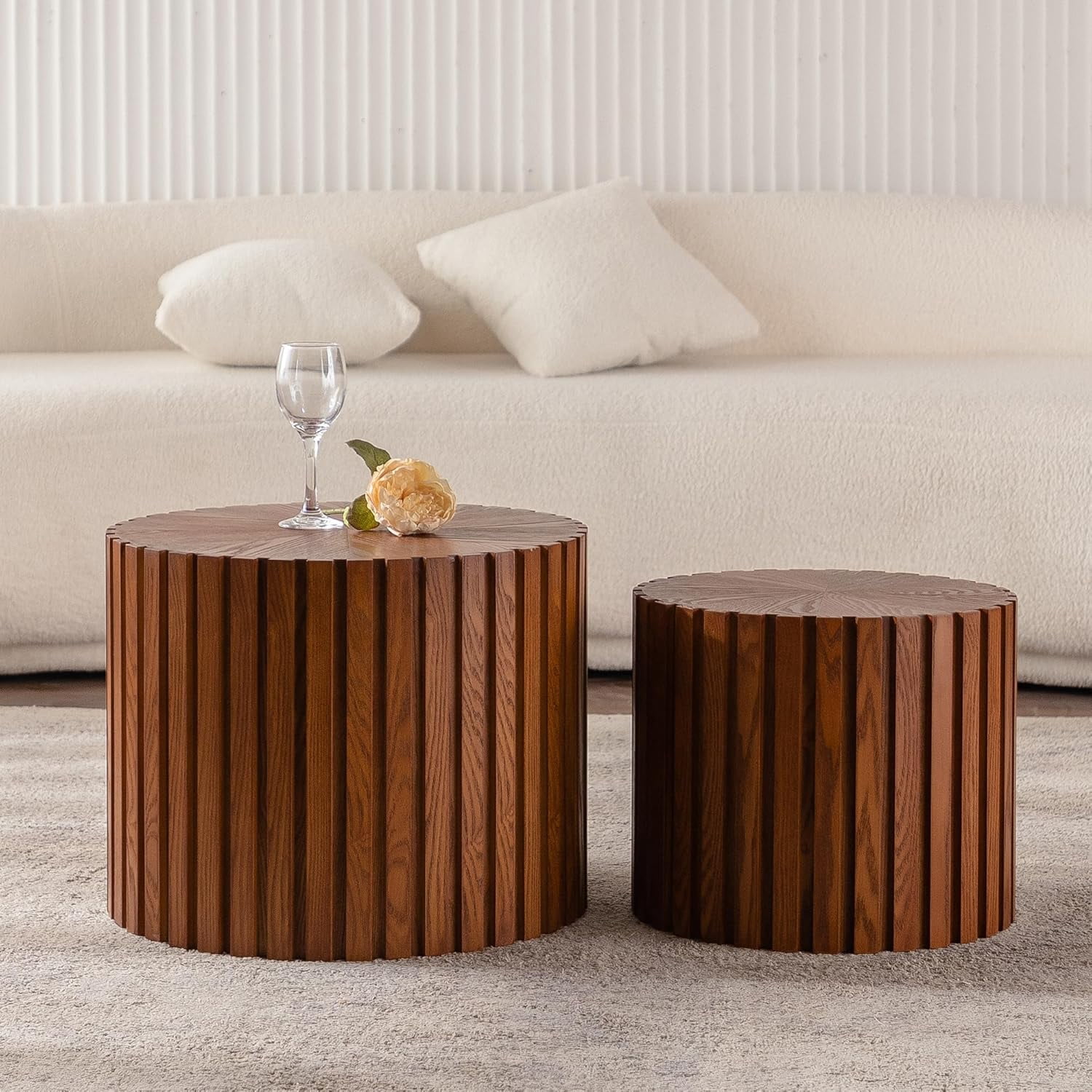 WILLIAMSPACE Walnut Round Nesting Coffee Table Set of 2 with Wave ...