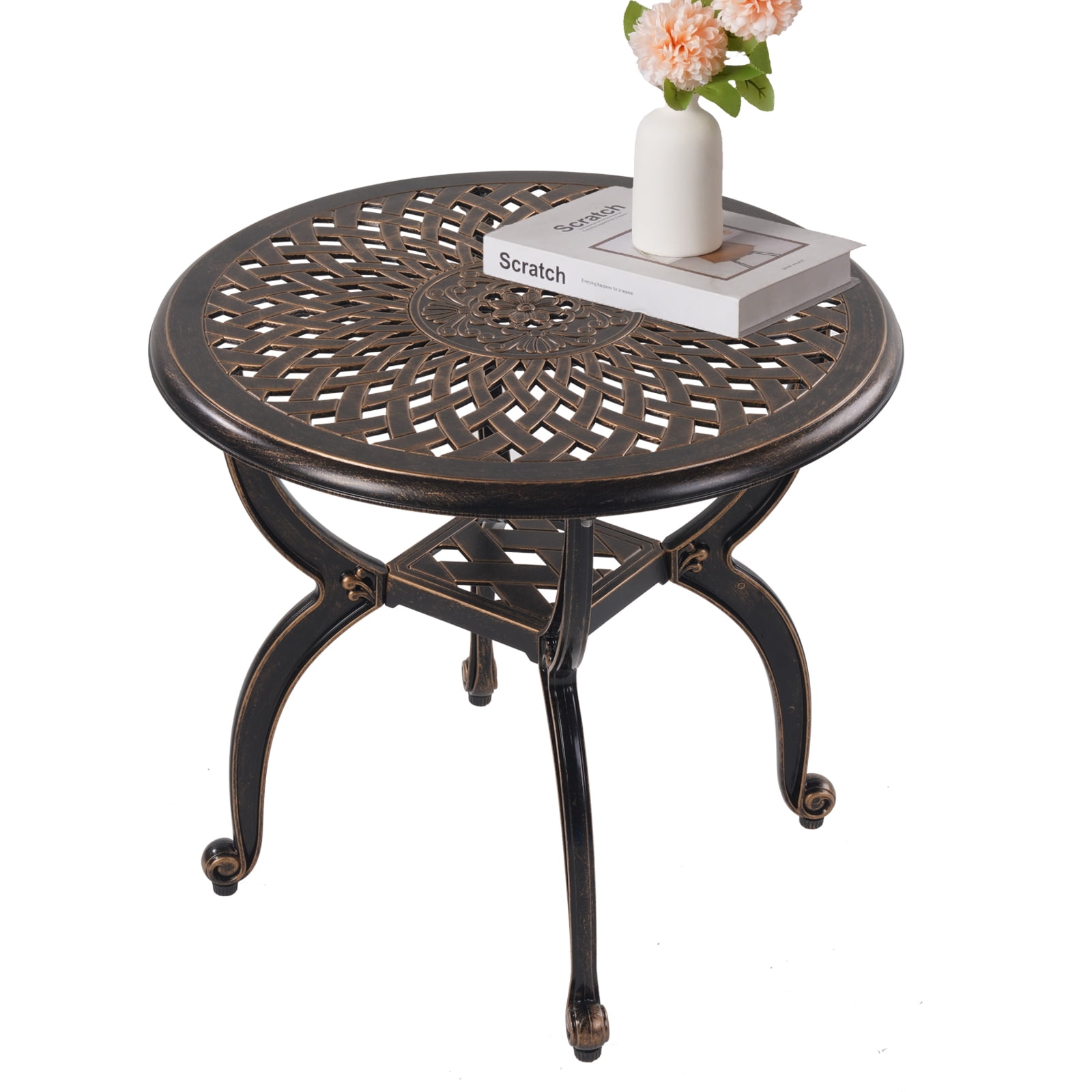 WILOUNGE Cast Aluminum Outdoor Side Table,All Weather Anti-Rust Round ...