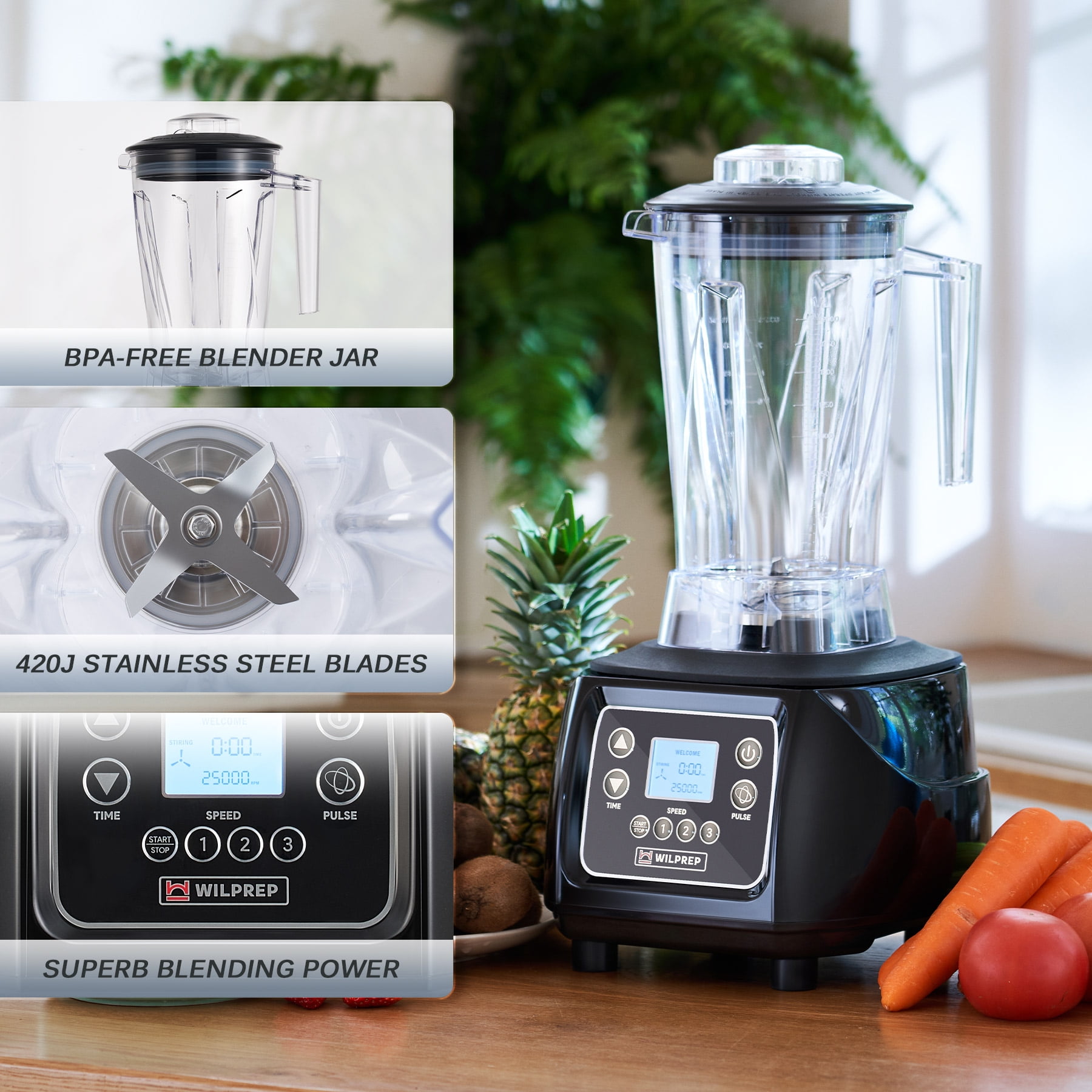 WILPREP Commercial Blender with 3 1/2 HP Motor, Touchpad, Timer, Adjustable Speed, and 64 fl oz ...