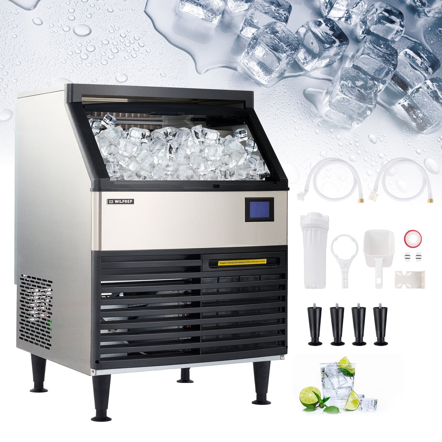 WILPREP Commercial Ice Maker 210lb Daily Production with 78lb Storage ...