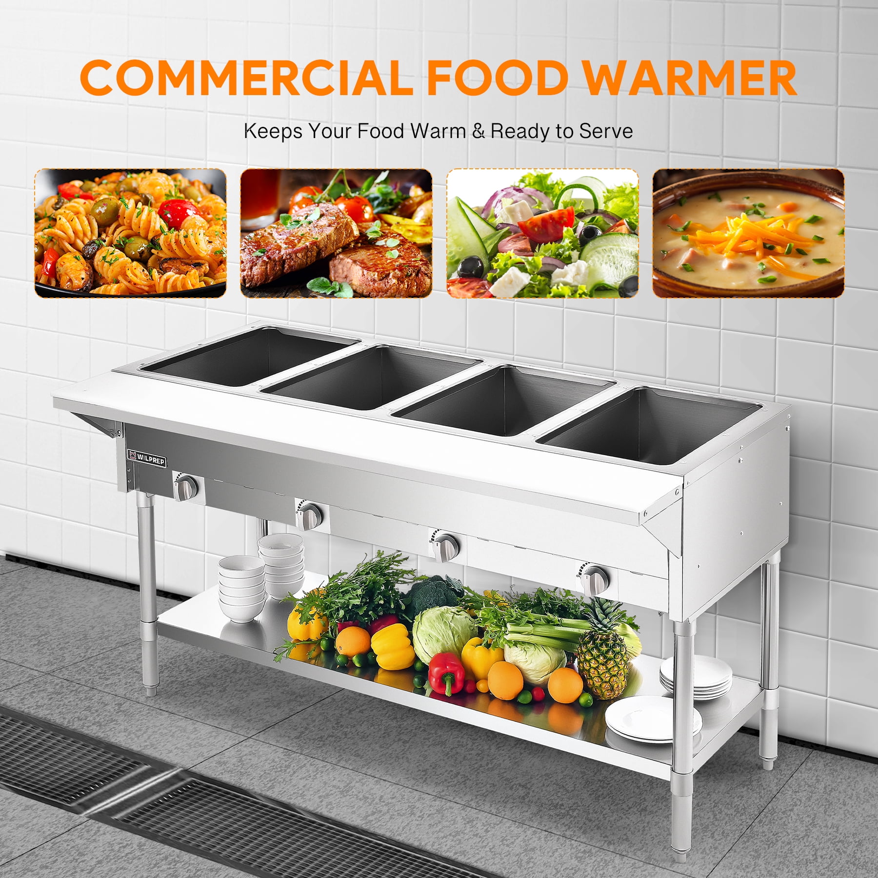 WILPREP Natural Gas Food Warmer, 14000BTU Commercial Gas Steam Table ...
