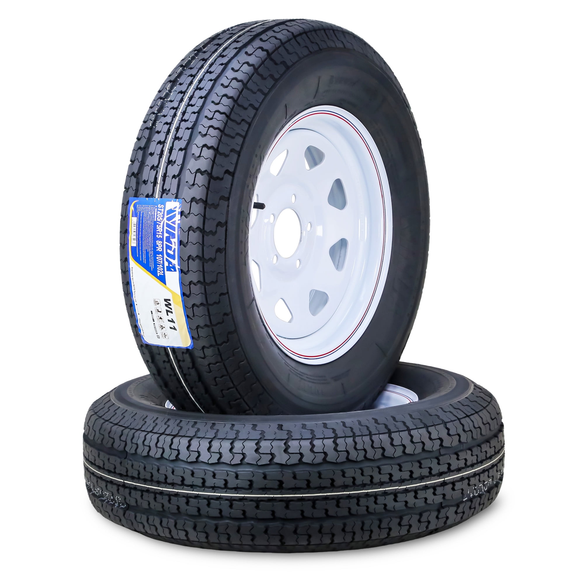 WINDA Trailer Tire Assembly ST205/75R15 8-Ply D 107L, 5 Lug White Rim ...