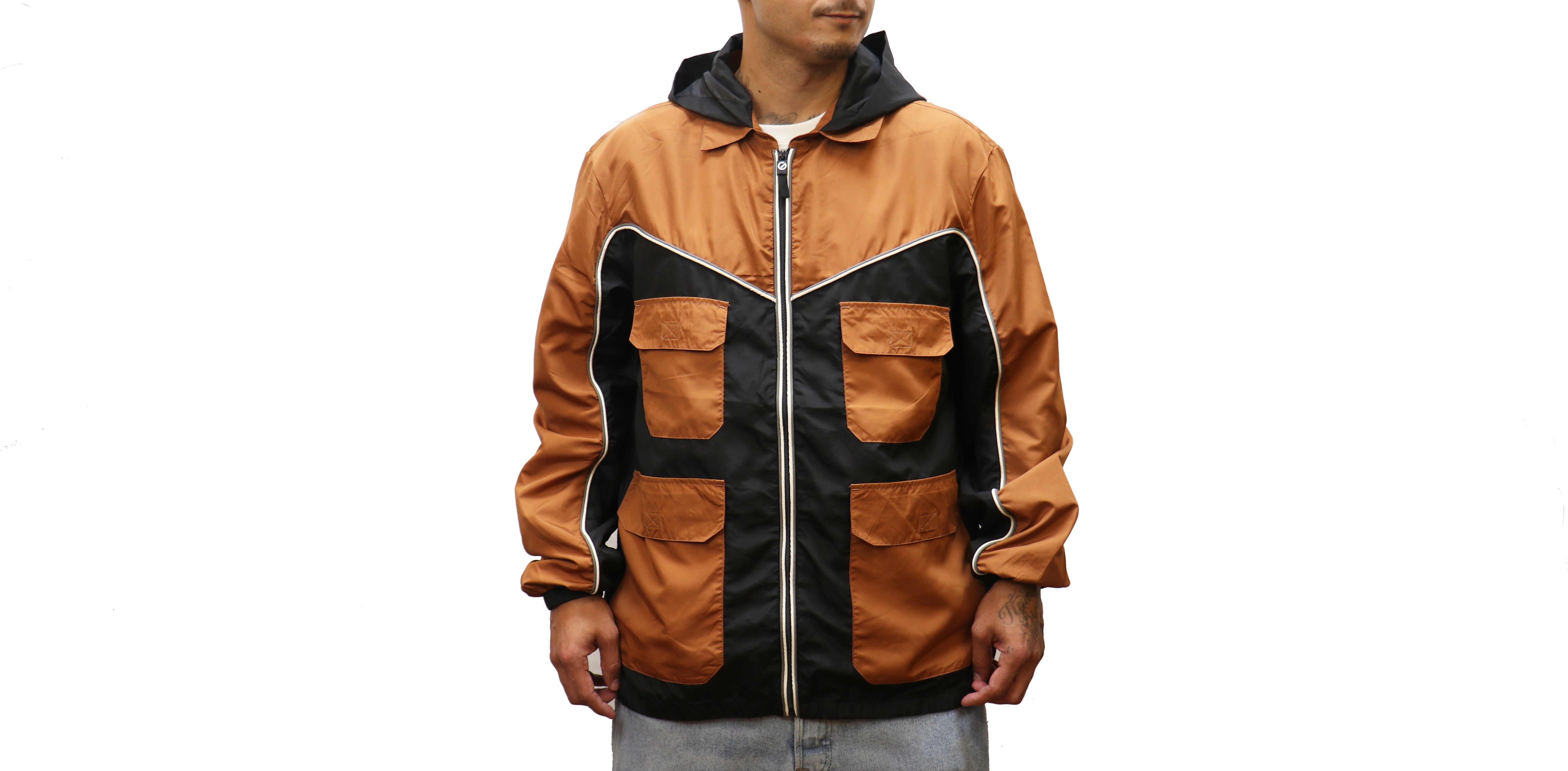 WINDBREAKER HOODED JACKET WITH MULTIPLE POCKETS AND DOUBLE PIPING ...