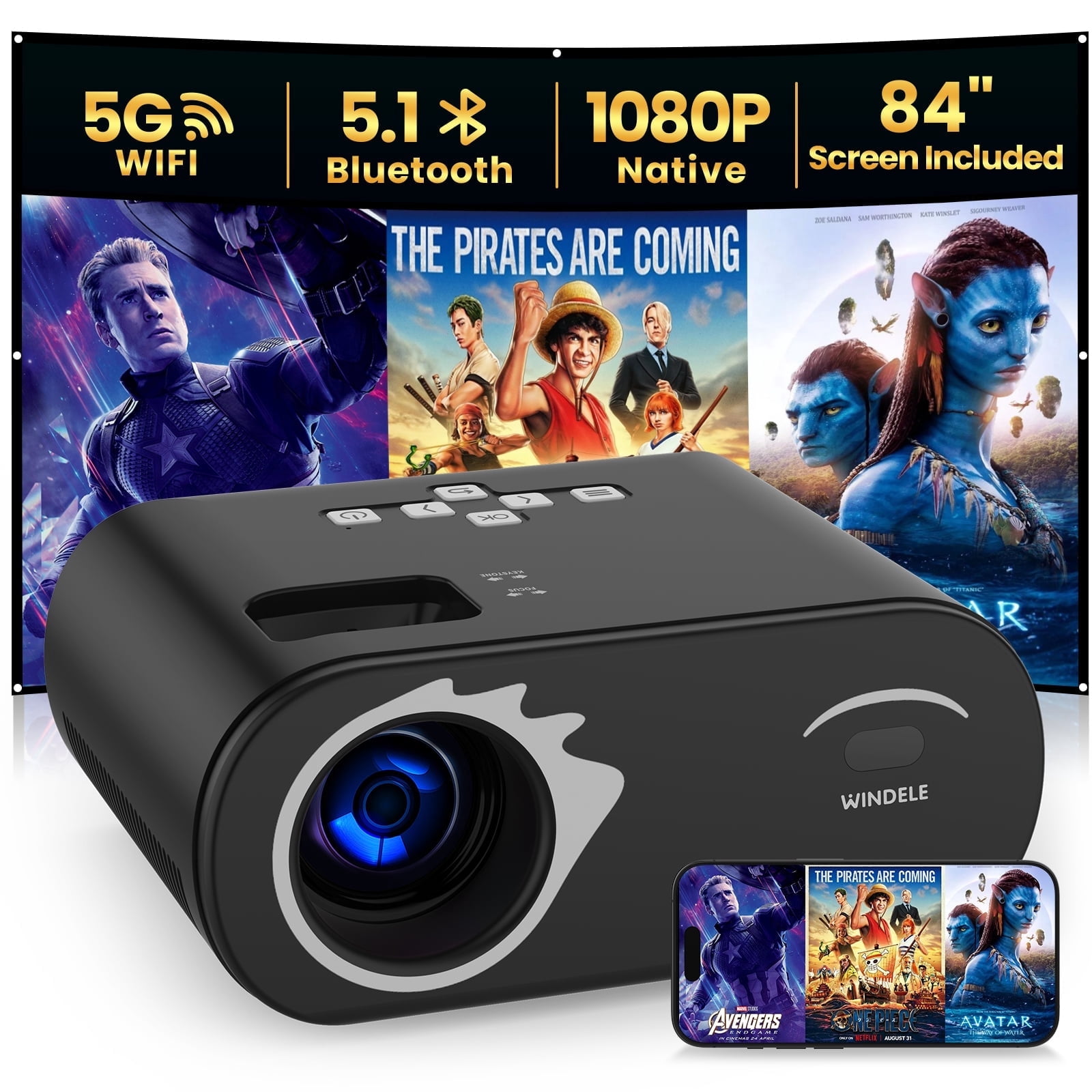WINDELE 5G WIFI Bluetooth Projector with Screen, USB-C Power Bank ...