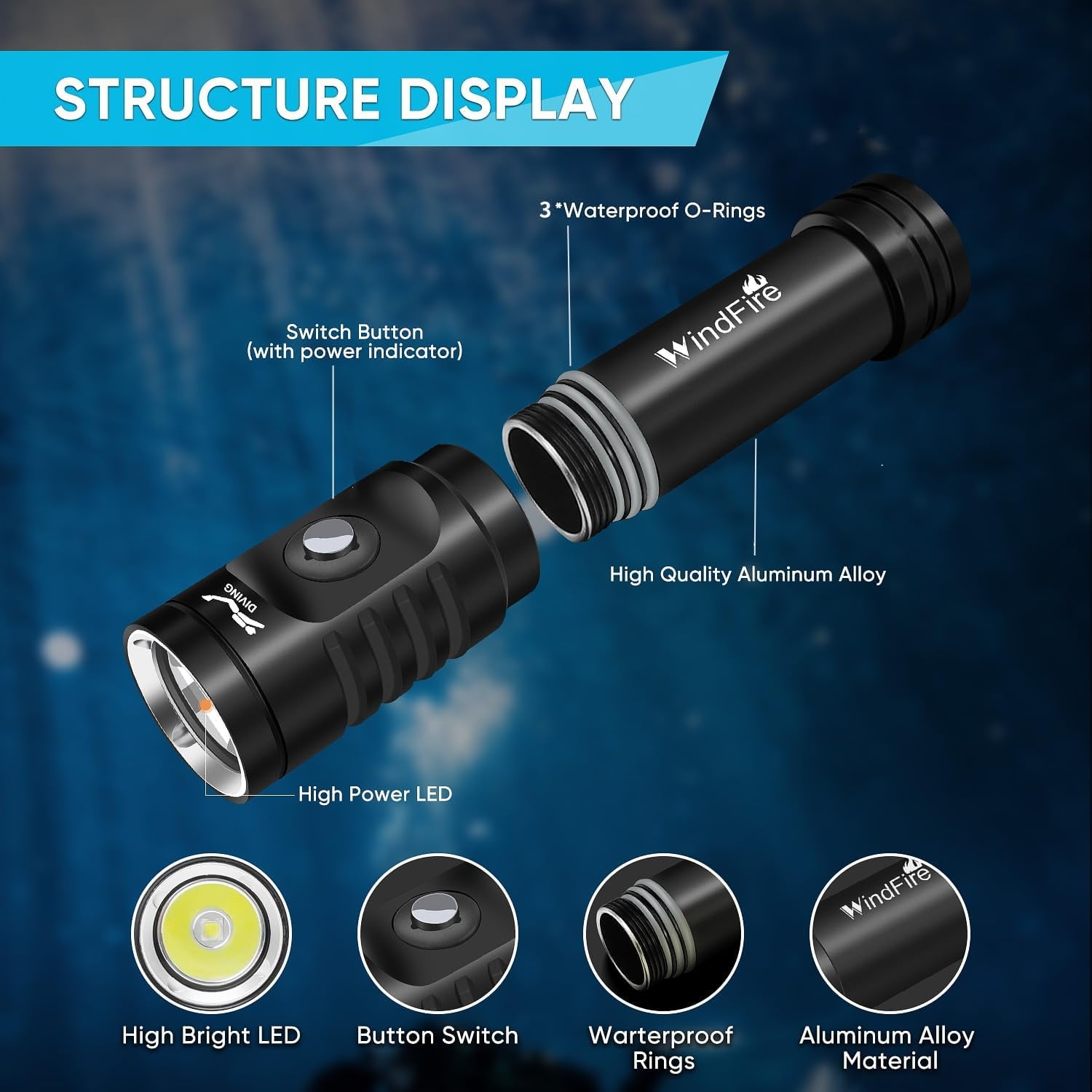 WINDFIRE Dive Light Scuba Diving Flashlight, Super Bright Rechargeable ...