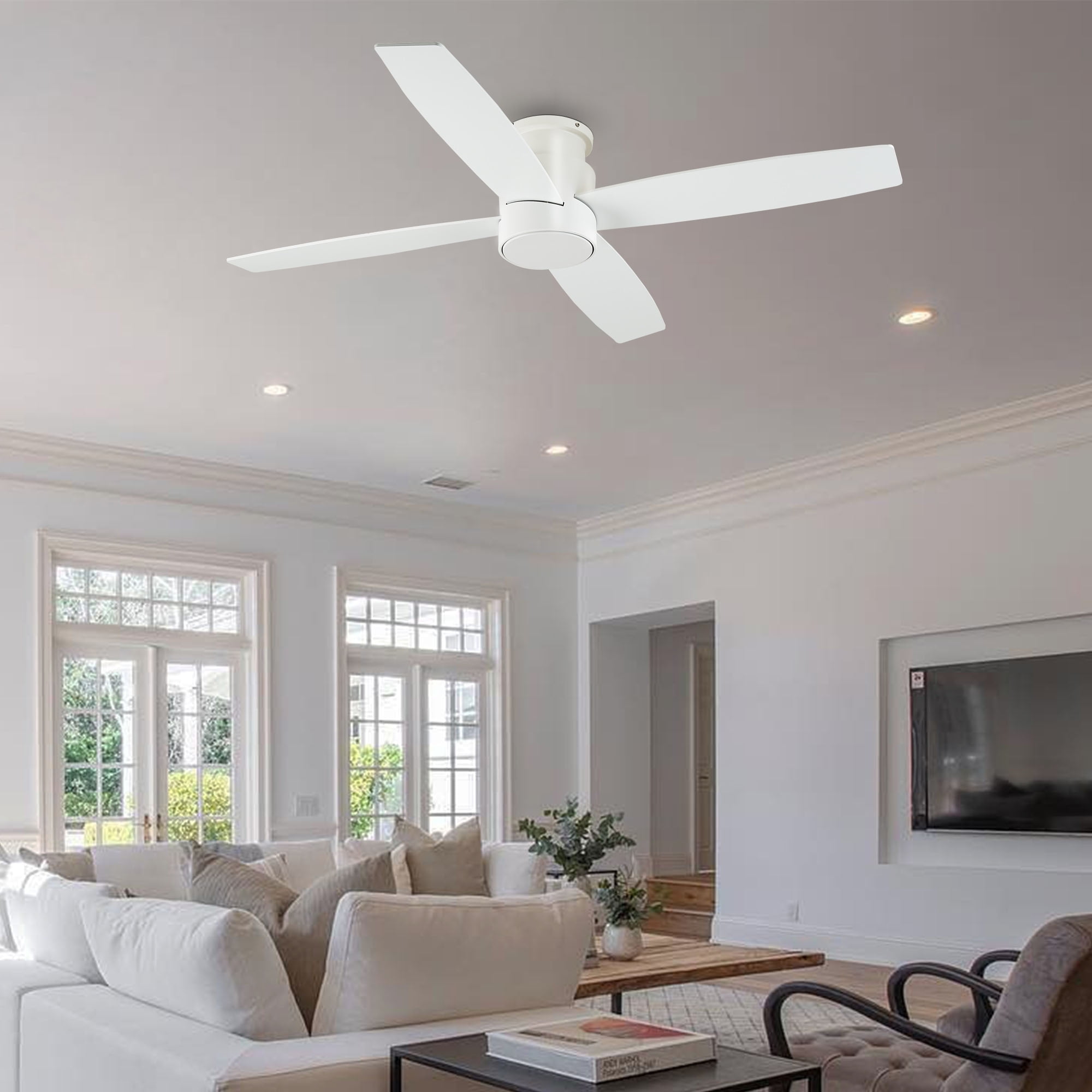 WINGBO 44" and 52" Flush Mount DC Ceiling Fan without Lights, 4 ...
