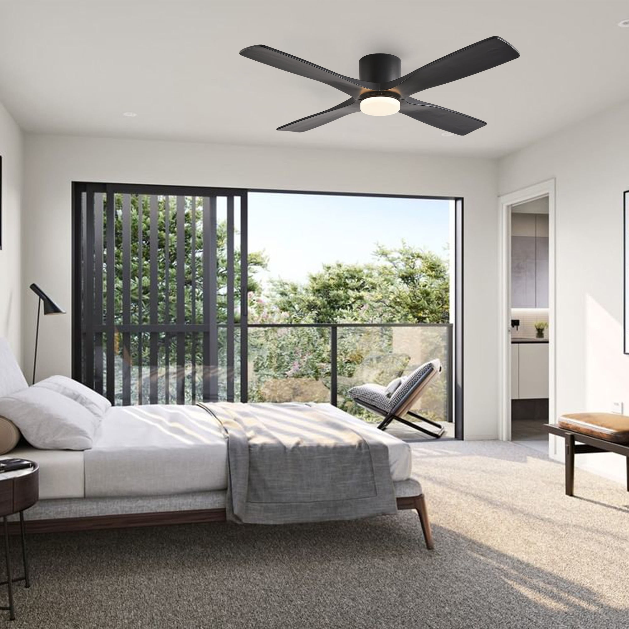 WINGBO 54" DC Flush Mount Ceiling Fan with Light and Remote - N/A Black ...