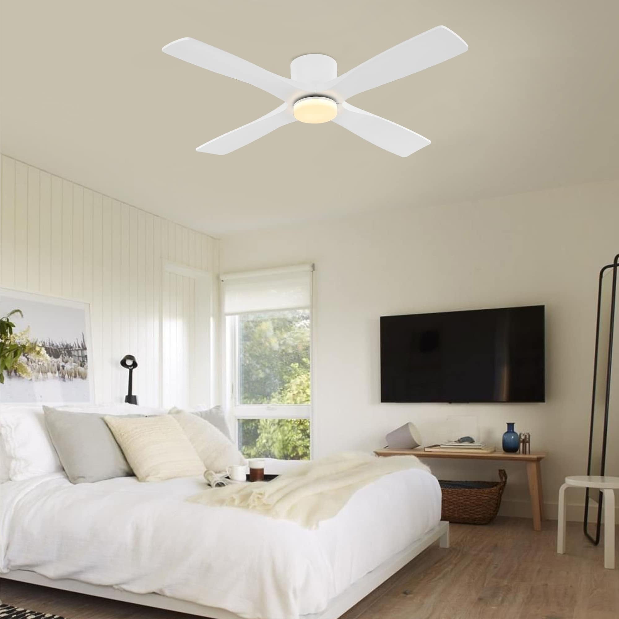 WINGBO 54" DC Flush Mount Ceiling Fan with Light and Remote - N/A White ...