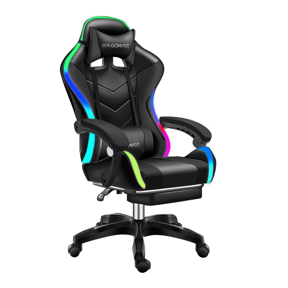 WINGOMART Ergonomic Gaming Chair with Footrest, Faux Leather, RGB LED ...