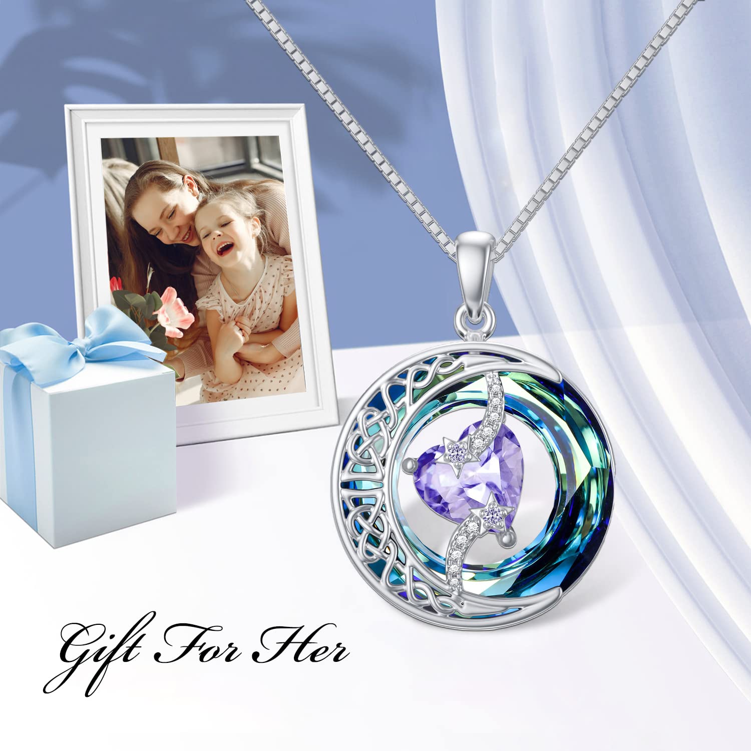 WINNICACA Birthday Gifts for Women Sterling Silver Blue Crystal Moon ...