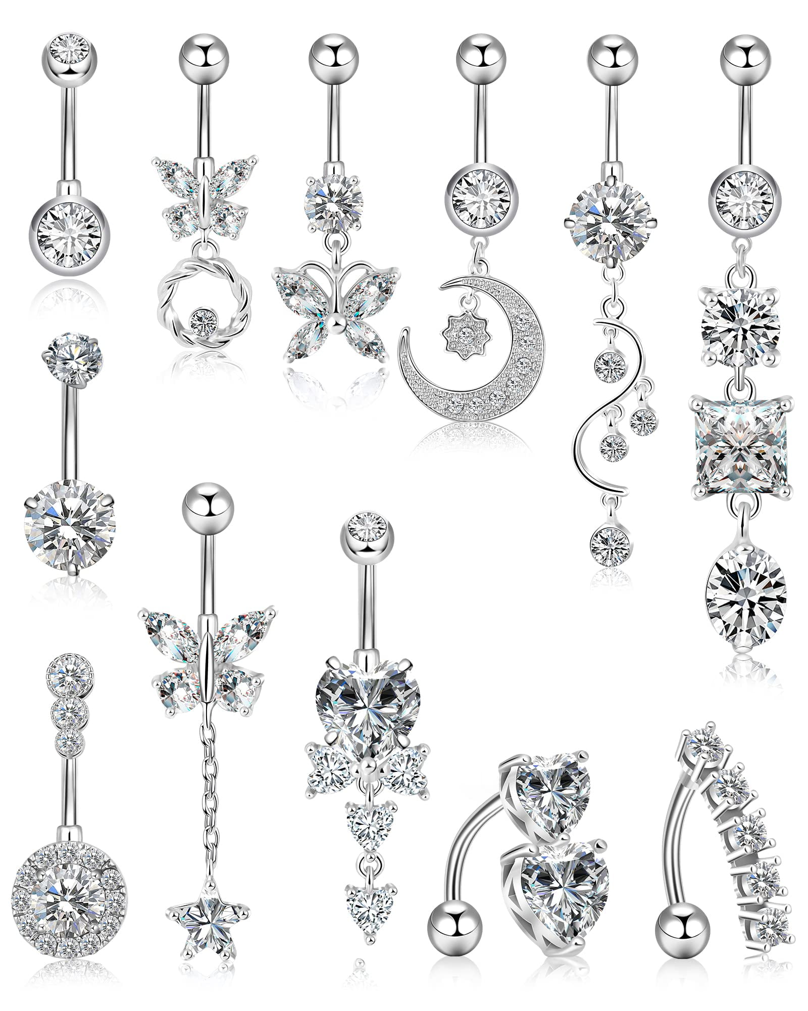 WINSENET 12Pcs Belly Button Rings 14G Belly Rings for Women CZ Dangle ...