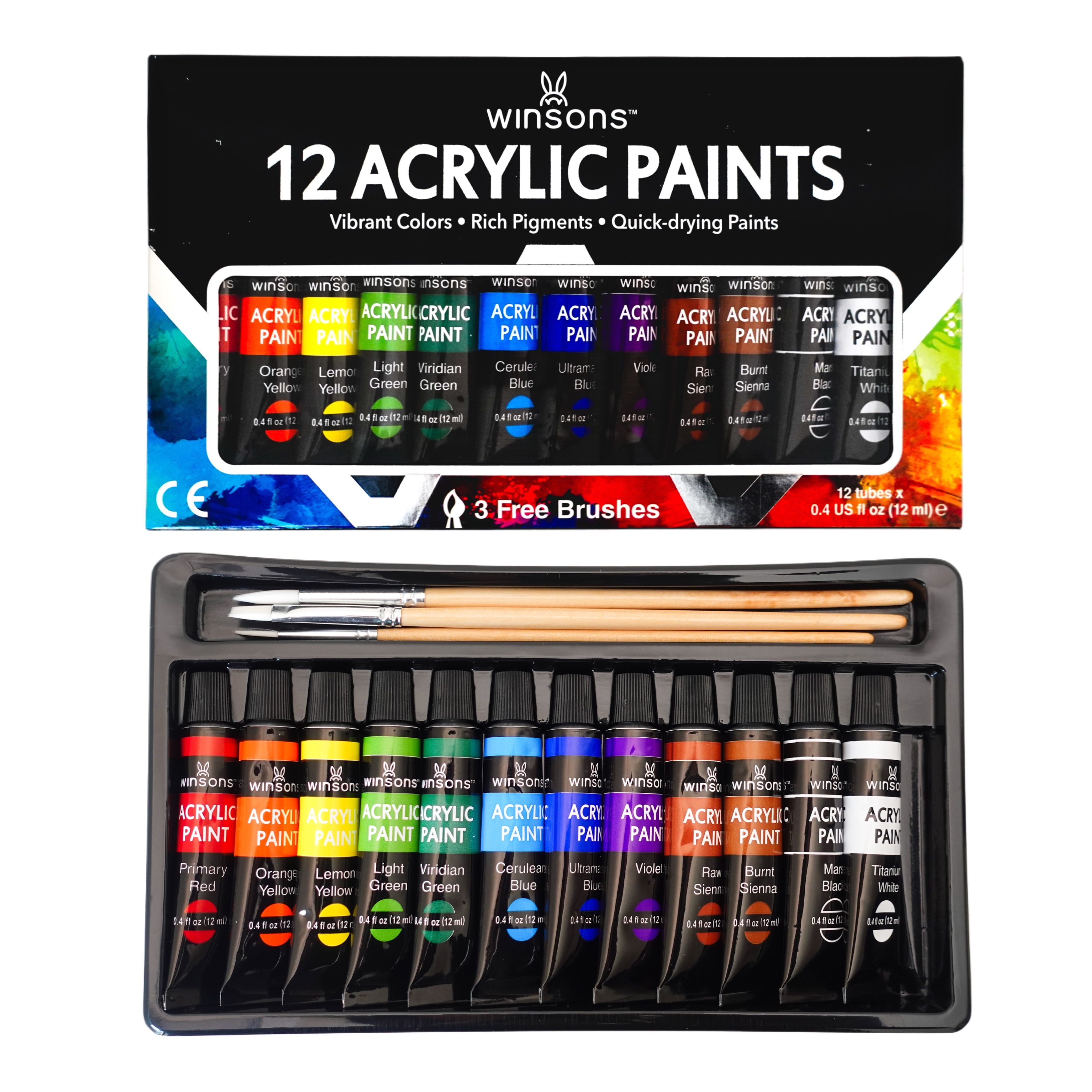 WINSONS 12-Color Acrylic Paint Set w/ 3 Bonus Brushes (12 mL/0.4 oz ...