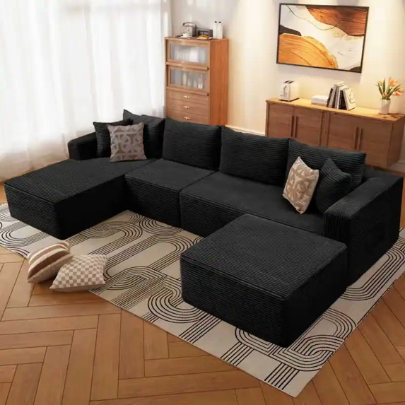 WINSOON 136''x69'' Plush Modular Sectional Sofa with Pillows-Black ...