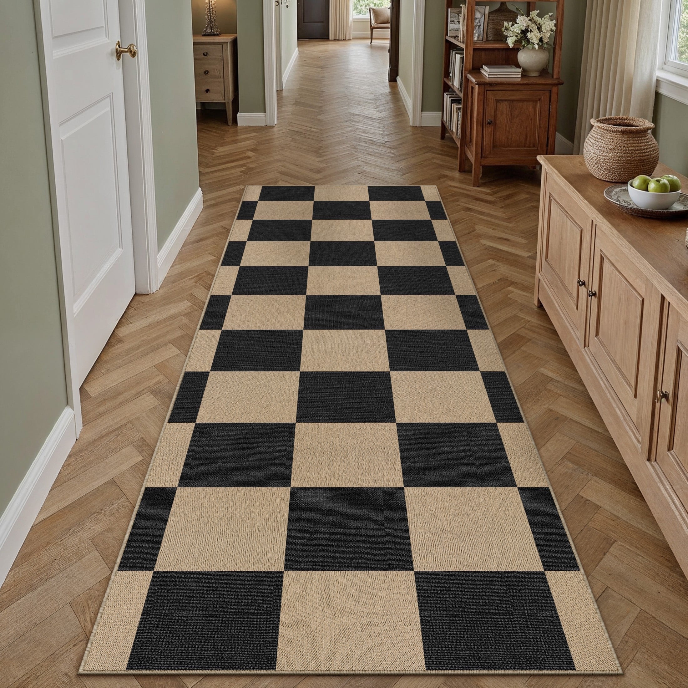 WIPONKEN 2'x6' Easy Jute Checkered Runner Rug for Hallway Washable ...